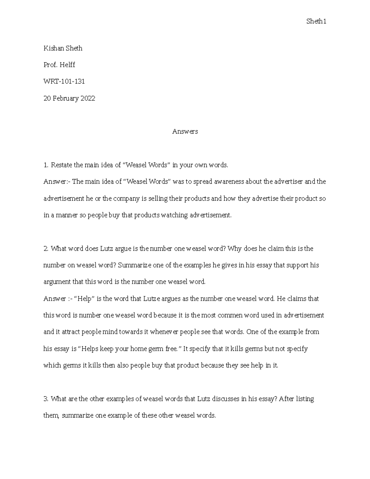 Answers - Assignments - Sheth Kishan Sheth Prof. Helff WRT-101- 20 ...