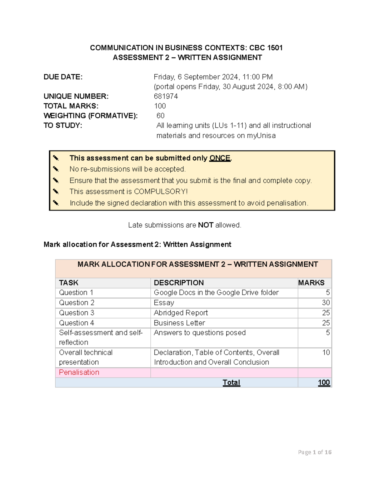 CBC1501 Assessment - COMMUNICATION IN BUSINESS CONTEXTS: CBC 1501 ...