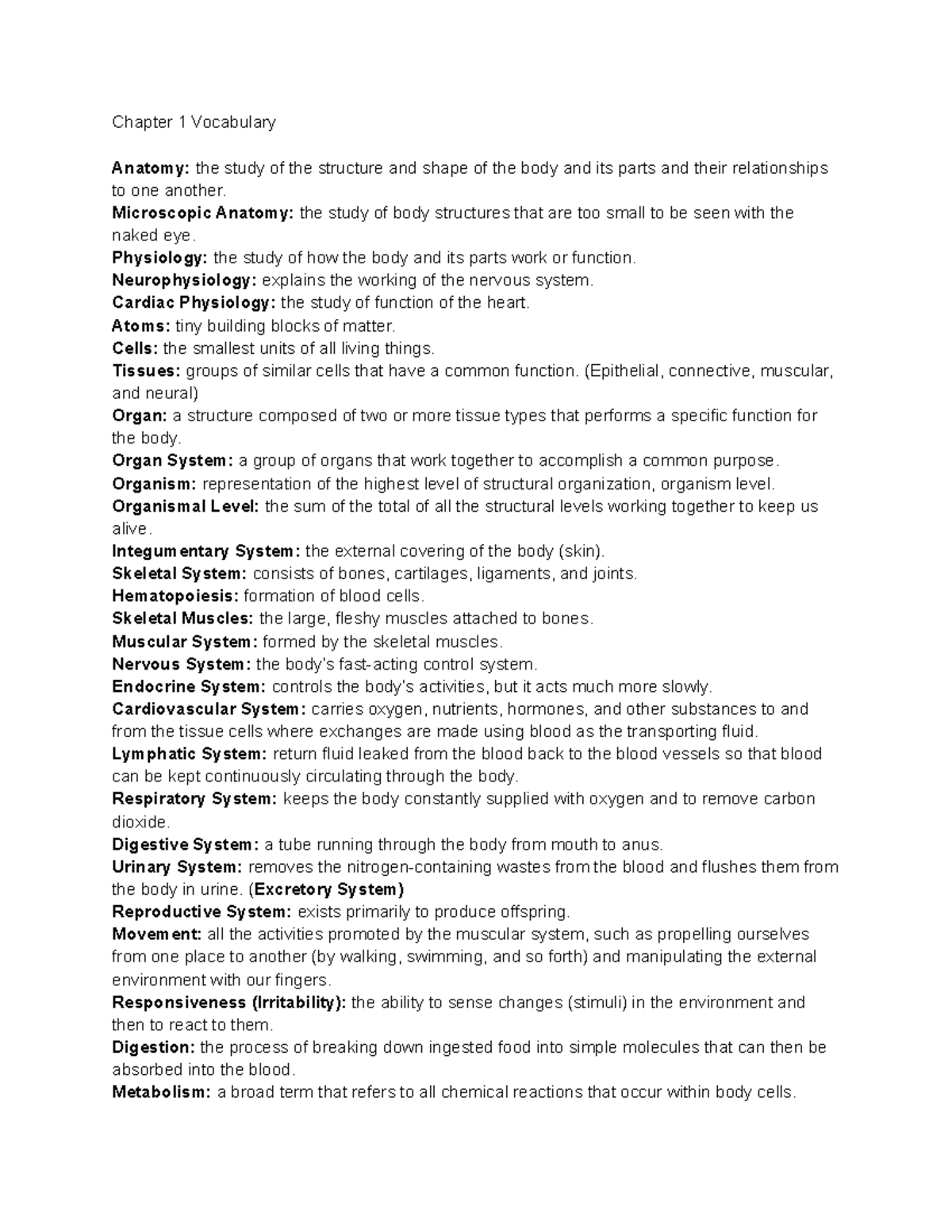 Chapter 1 Vocabulary - Chapter 1 Vocabulary Anatomy: the study of the ...