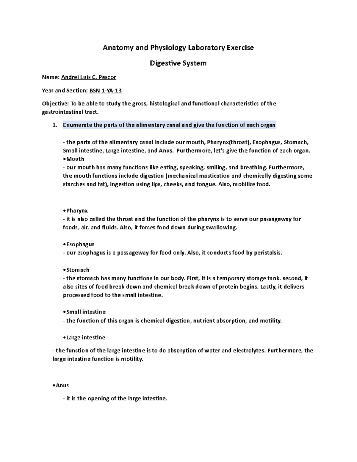 Anatomy and Physiology Laboratory Exercise Digestive System Pascor ...