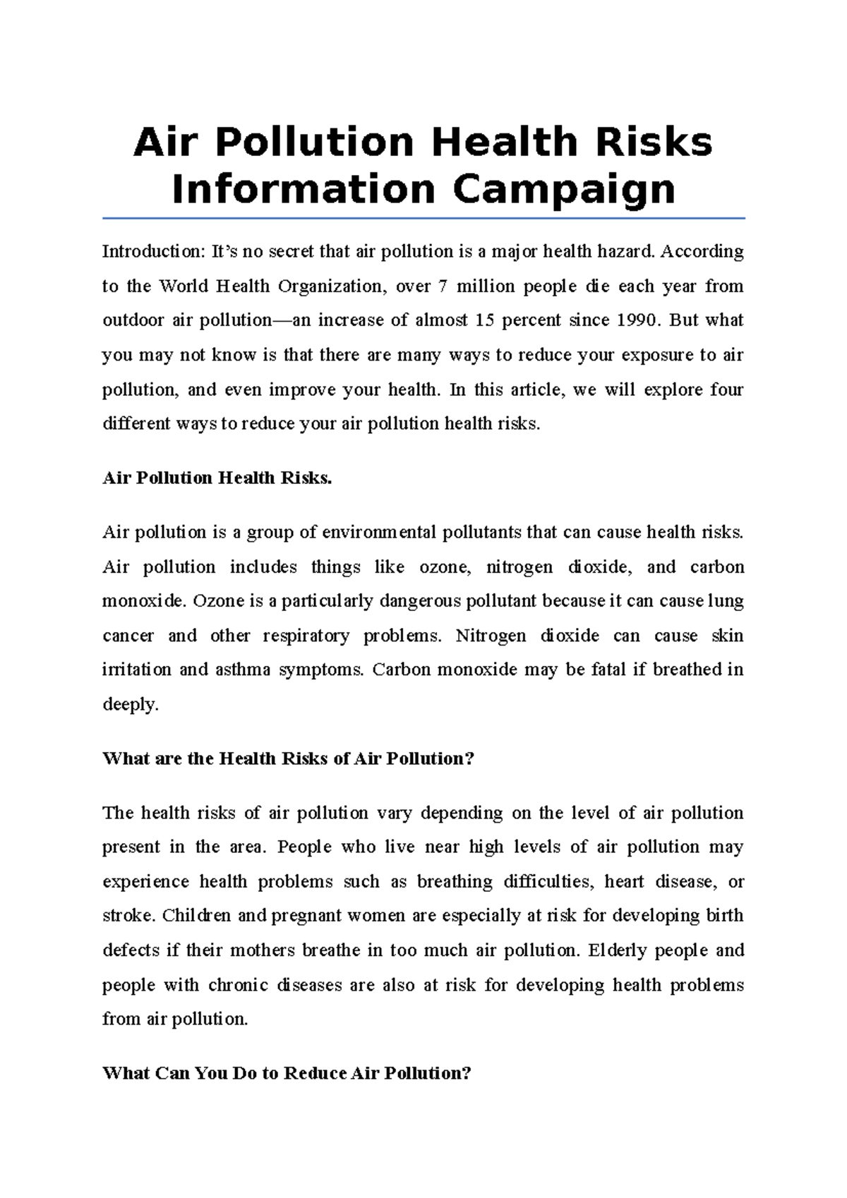 Air Pollution Health Risks Information Campaign - Air Pollution Health ...