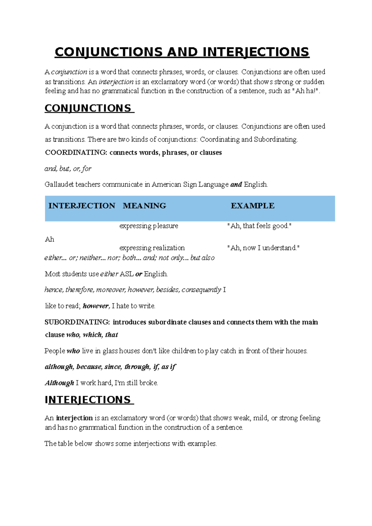 Conjunctions AND Interjections - CONJUNCTIONS AND INTERJECTIONS A ...