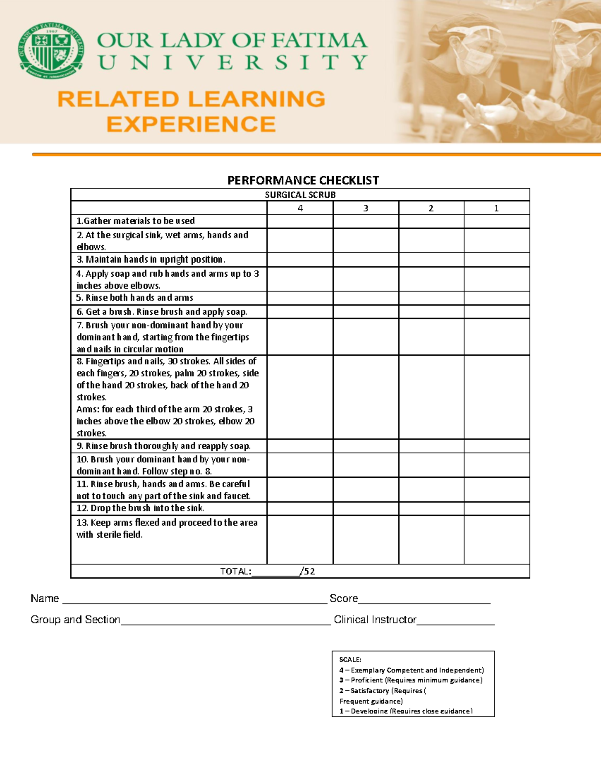 OR- Retdem- Checklist - PERFORMANCE CHECKLIST SURGICAL SCRUB 4 3 2 1 1 ...