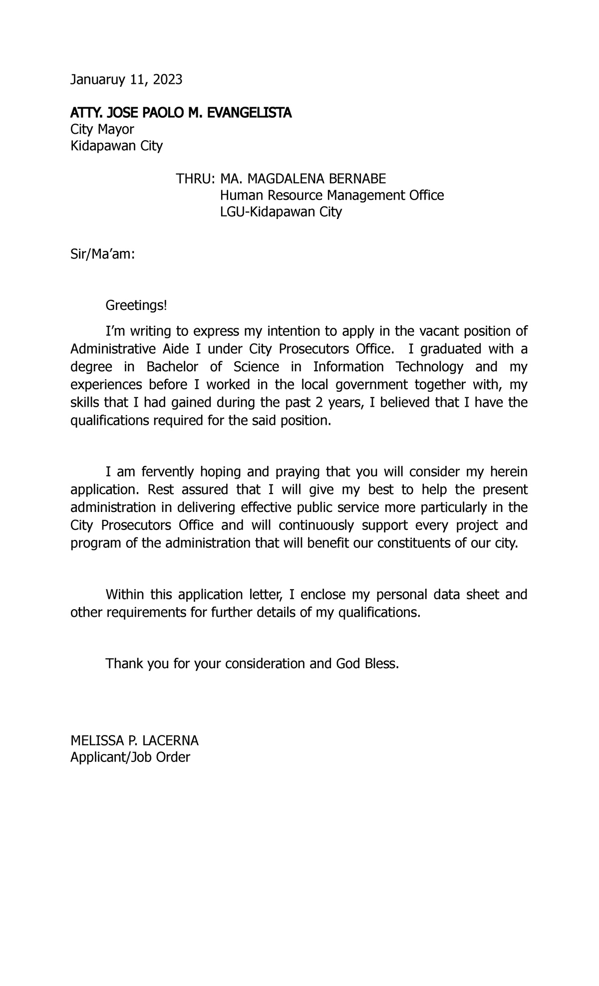 Letter Casual - Januaruy 11, 2023 ATTY. JOSE PAOLO M. EVANGELISTA City ...