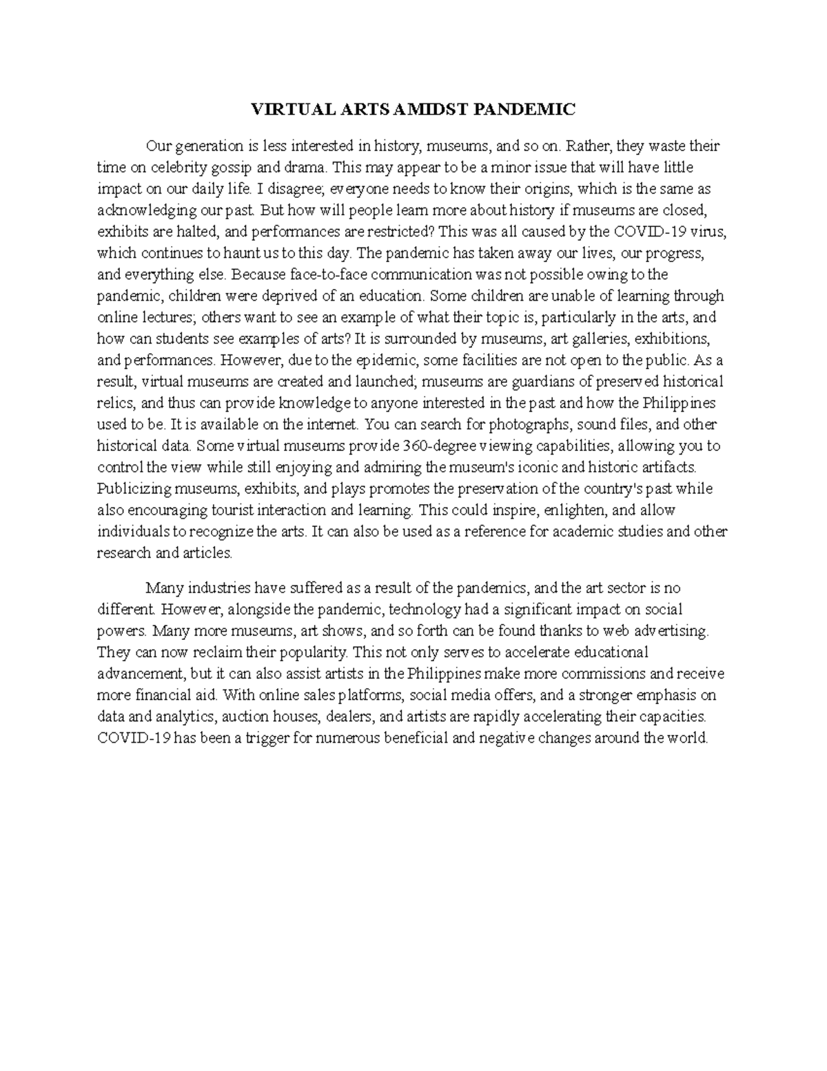 Virtual ARTS Amidst Pandemic - VIRTUAL ARTS AMIDST PANDEMIC Our ...