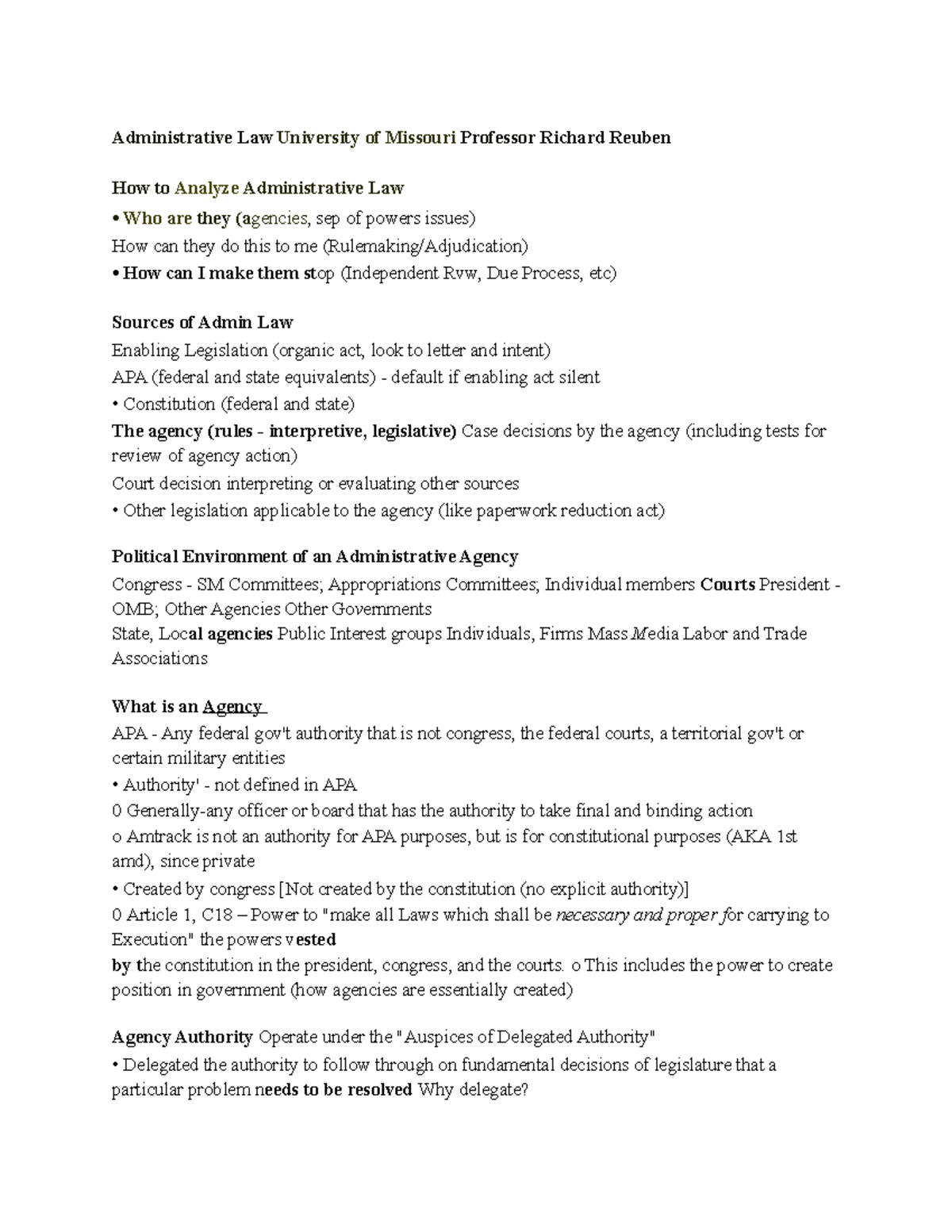 Admin Law Outline-word version - Administrative Law University of ...