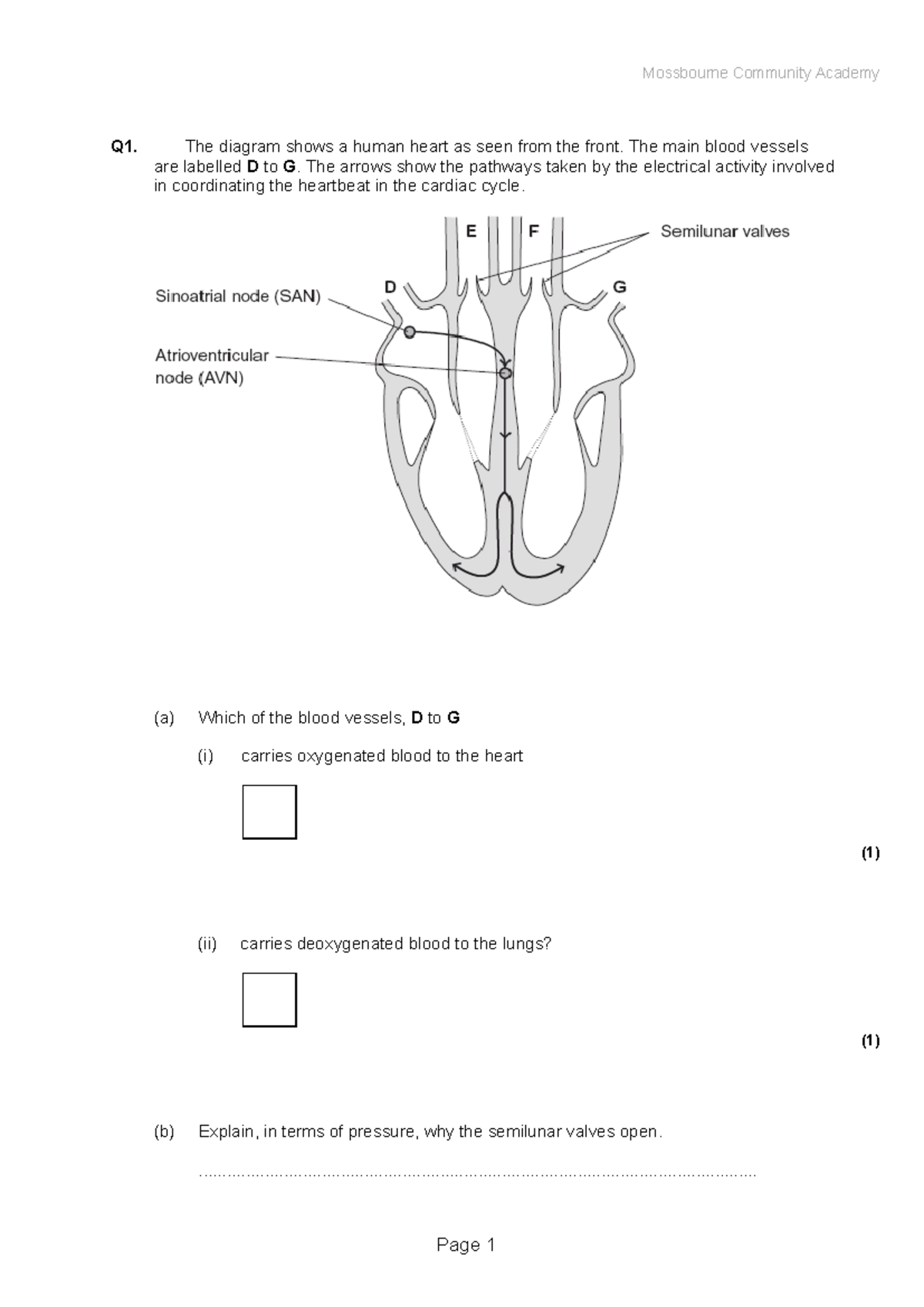 Heart-questions - good notes - Q1. The diagram shows a human heart as ...