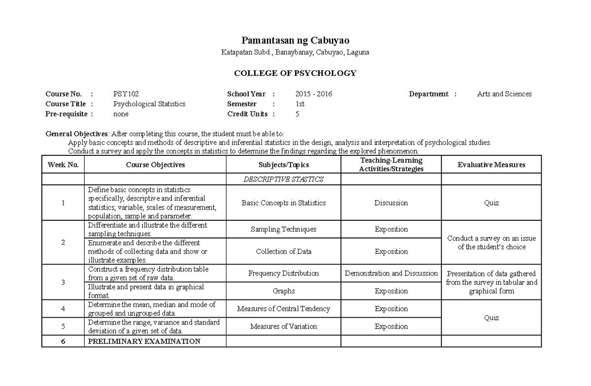 Pdfcoffee - Psychological statistics syllabus - Pamantasan ng Cabuyao Katapatan Subd ...