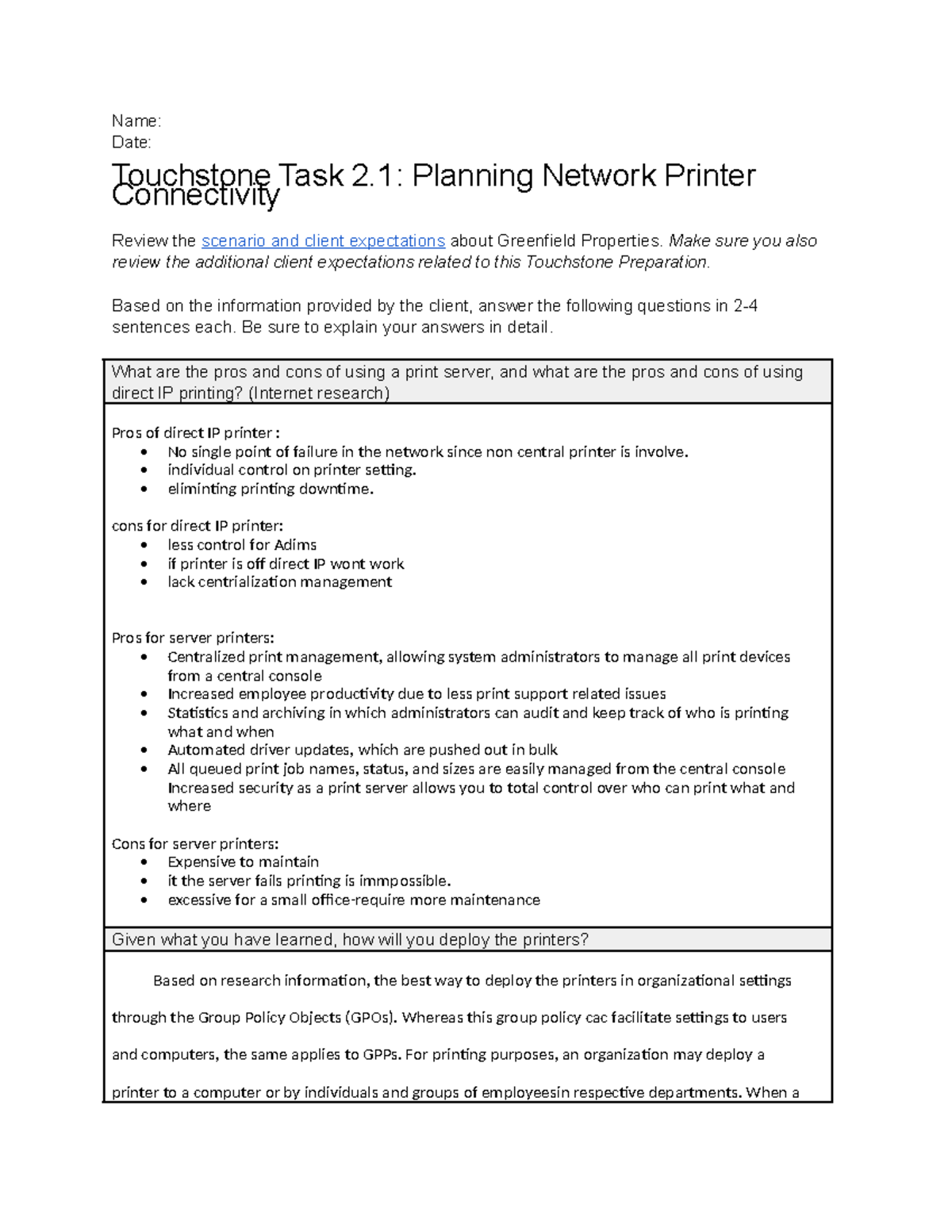 Touchstone Task 2.1 Planning Network Printer Connectivity Questions ...