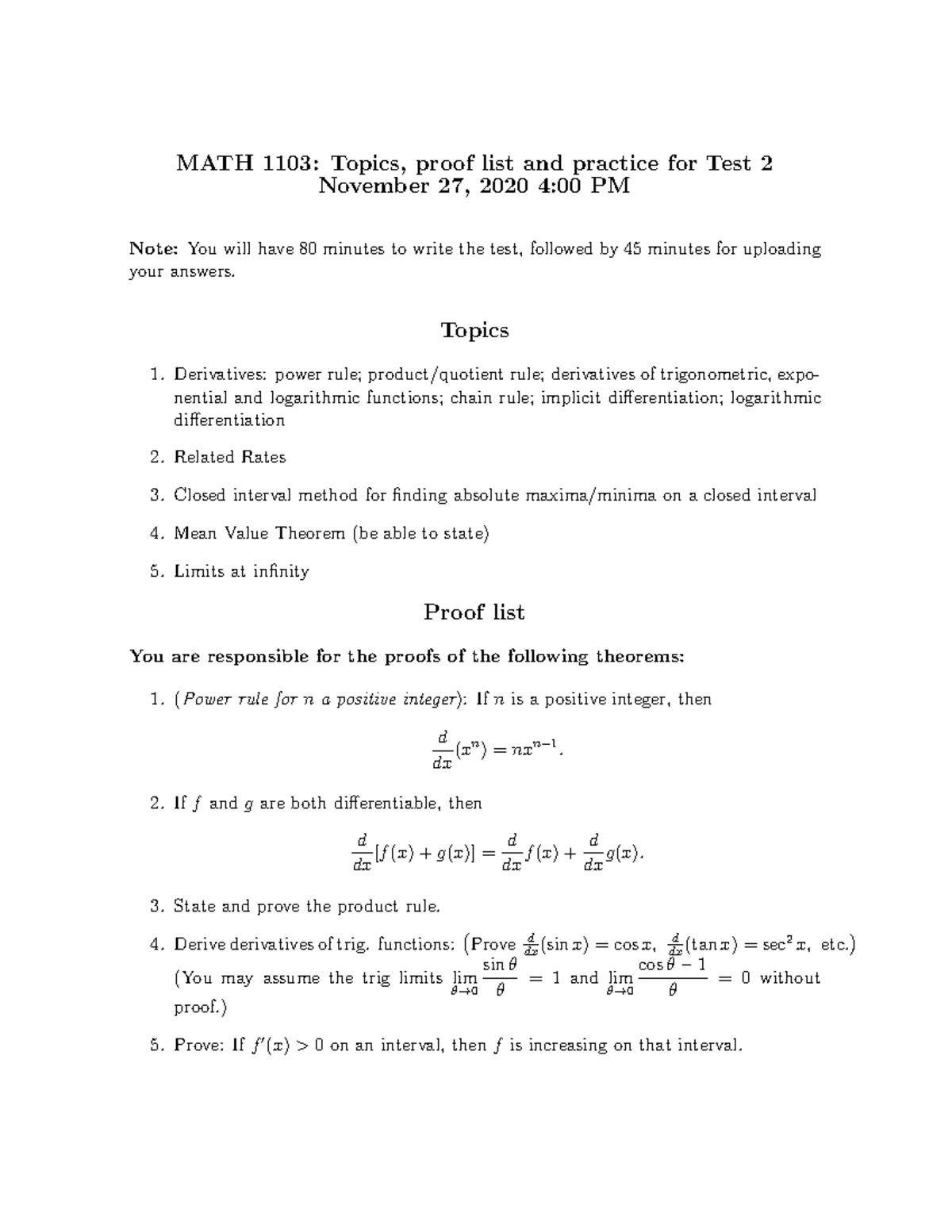 Topics Proofs Practice - Test 2 - MATH 1103: Topics, proof list and ...