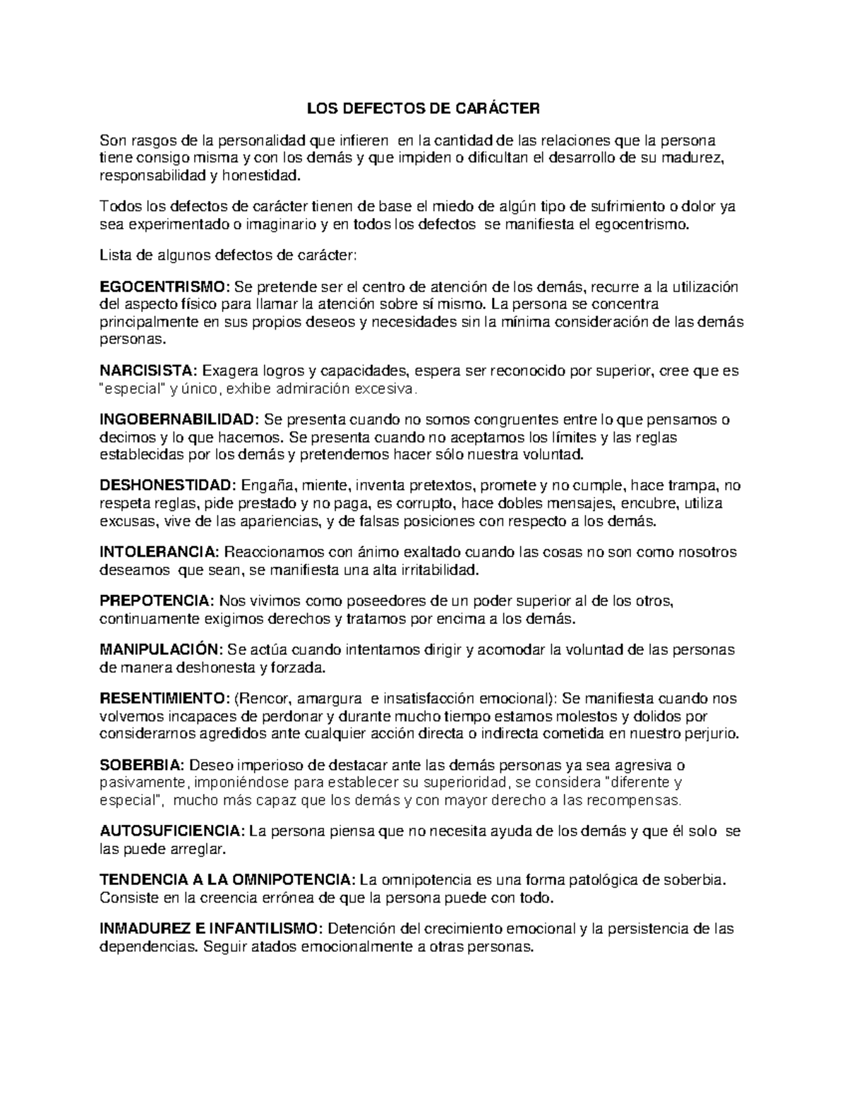 Defector de Caracter 2 - LOS DEFECTOS DE CARÁCTER Son rasgos de la ...
