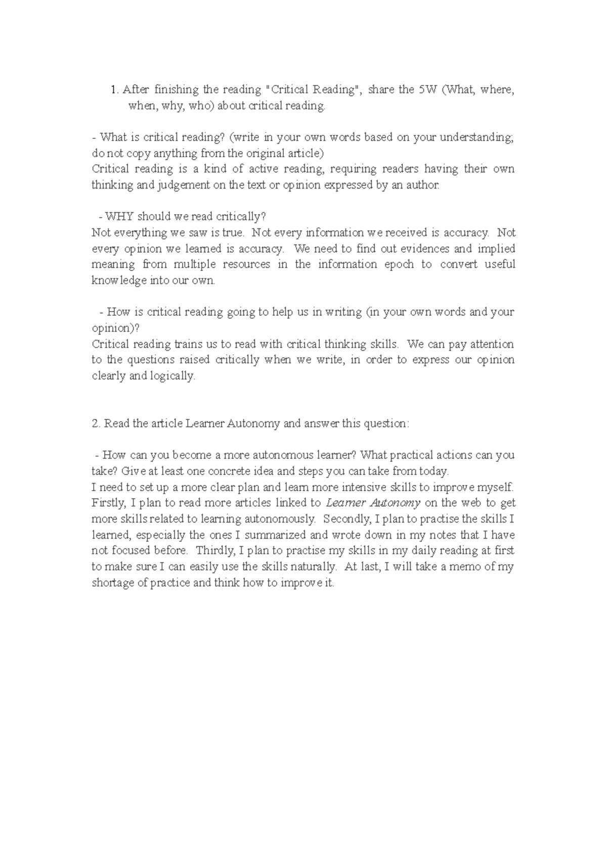 Reading Assignment 2 - After finishing the reading "Critical Reading", share the 5W (What, - Studocu