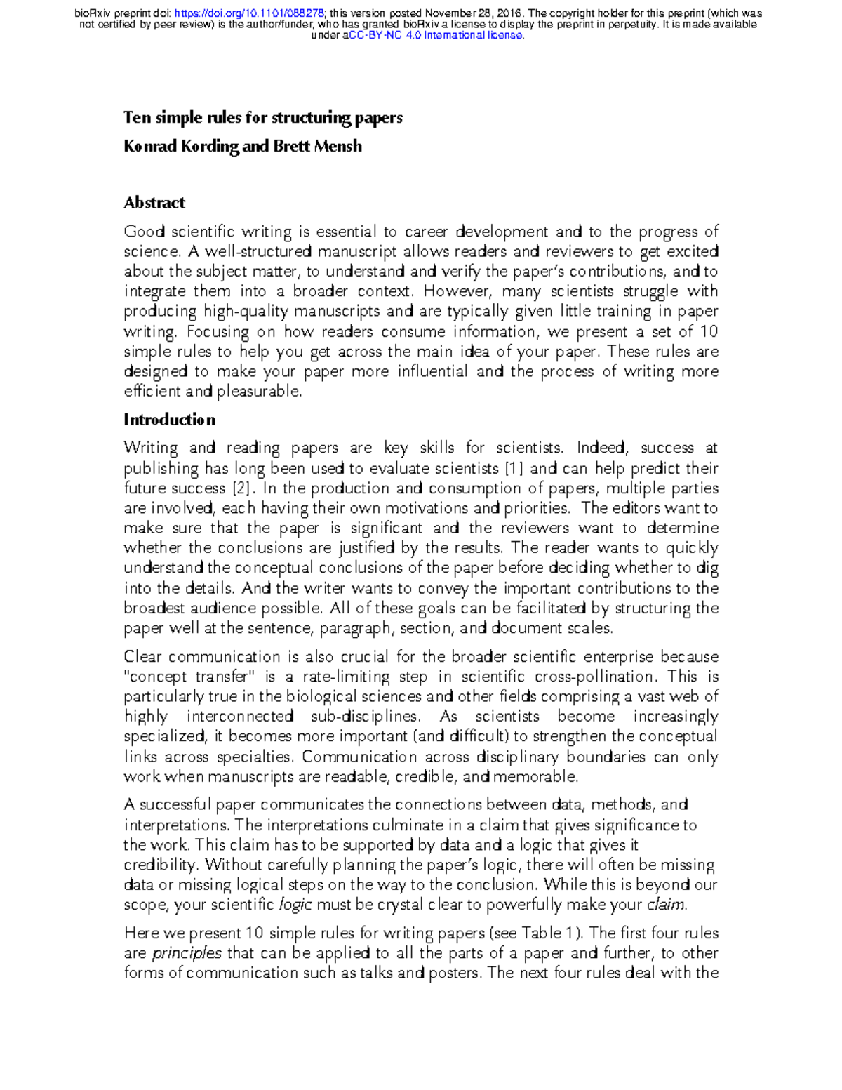 Ten simple rules structuring papers kording mensh - Ten simple rules ...
