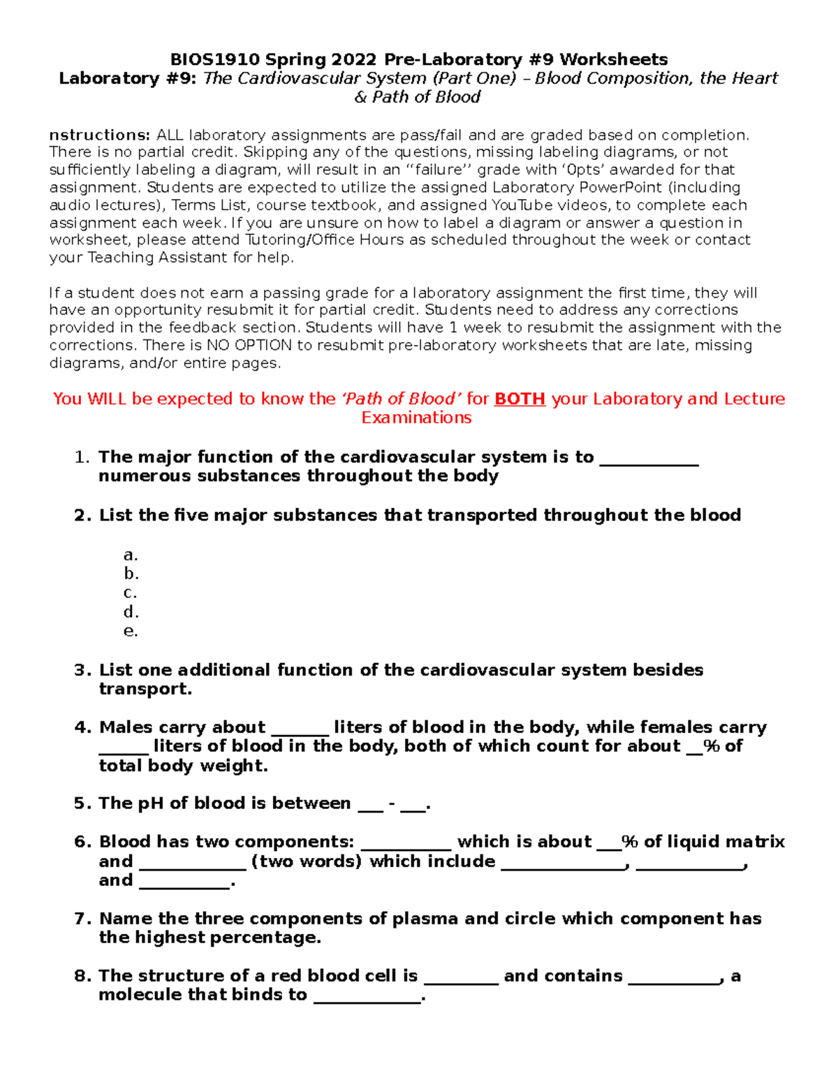 BIOS1910 Lab #9 Lab WS (F22) - BIOS1910 Spring 2022 Pre-Laboratory #9 Worksheets Laboratory #9 ...