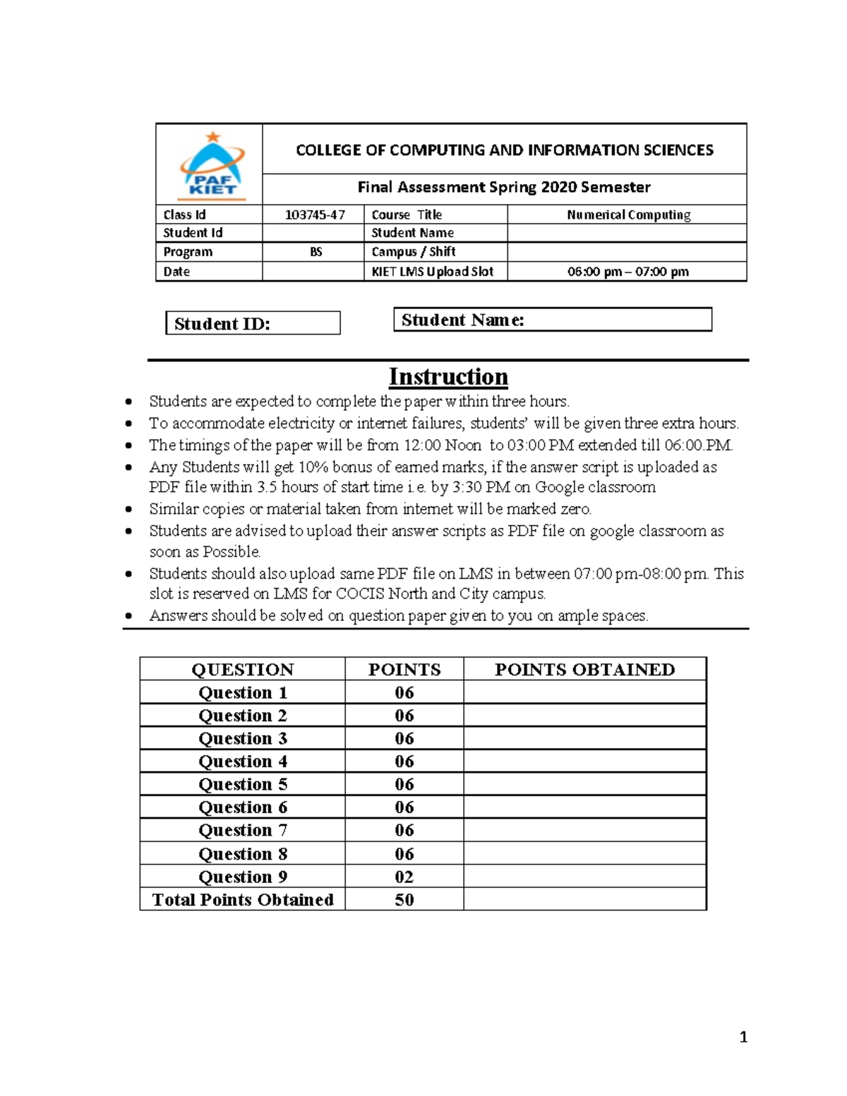 Final Exam paper NC Spring 2020 - COLLEGE OF COMPUTING AND INFORMATION ...