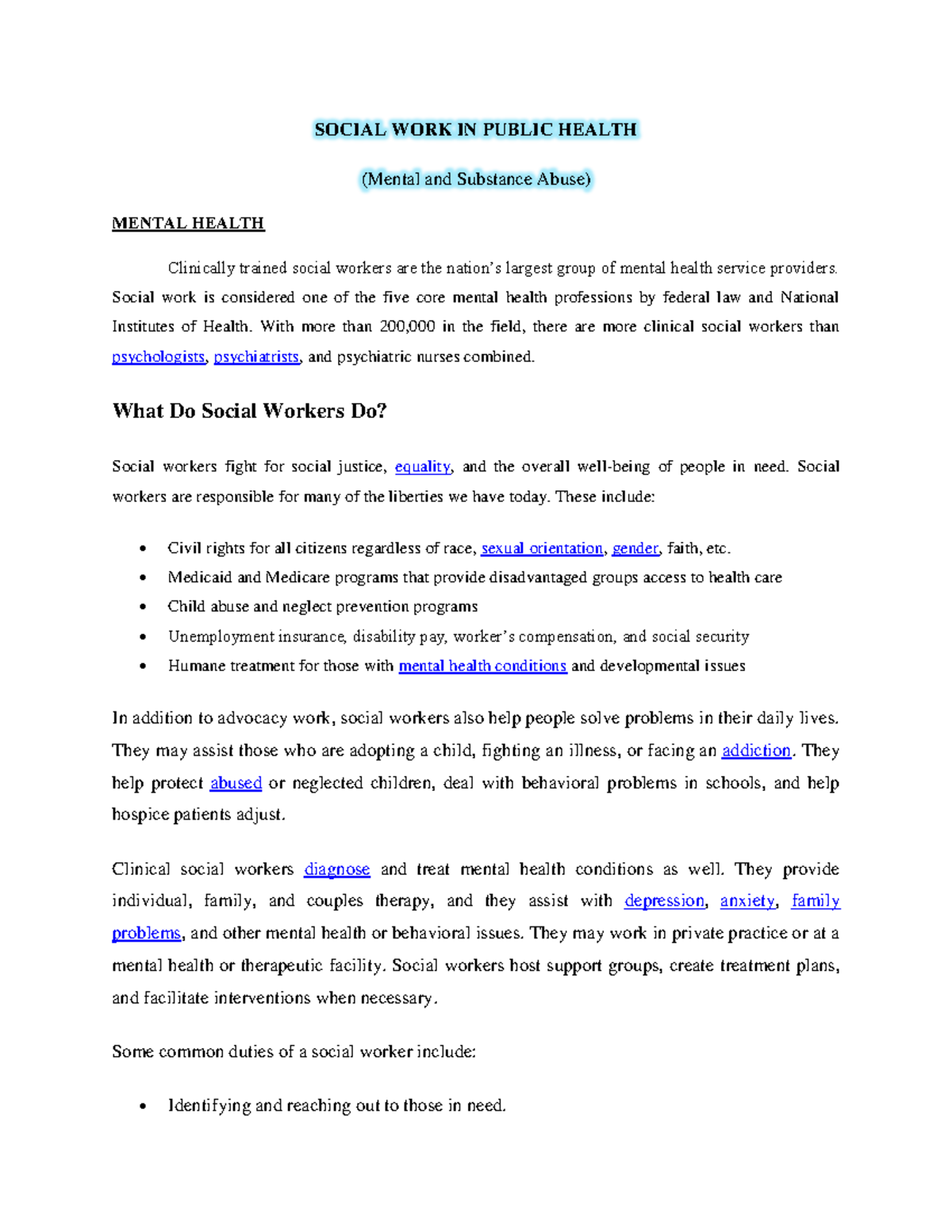 Social Work in Public Health - SOCIAL WORK IN PUBLIC HEALTH (Mental and ...