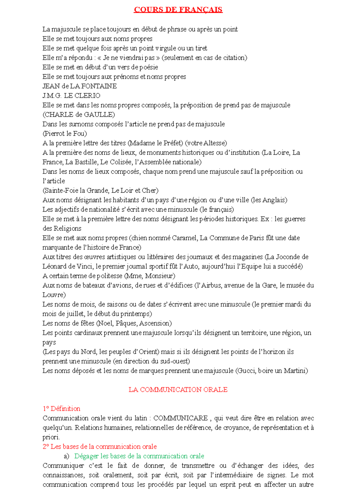 Cours francais - lettre - COURS DE FRANÇAIS La majuscule se place ...