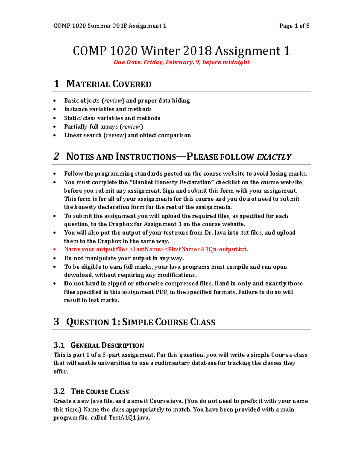 A1 - Assignment about class and method of java - COMP 1020 Summer 2018 ...