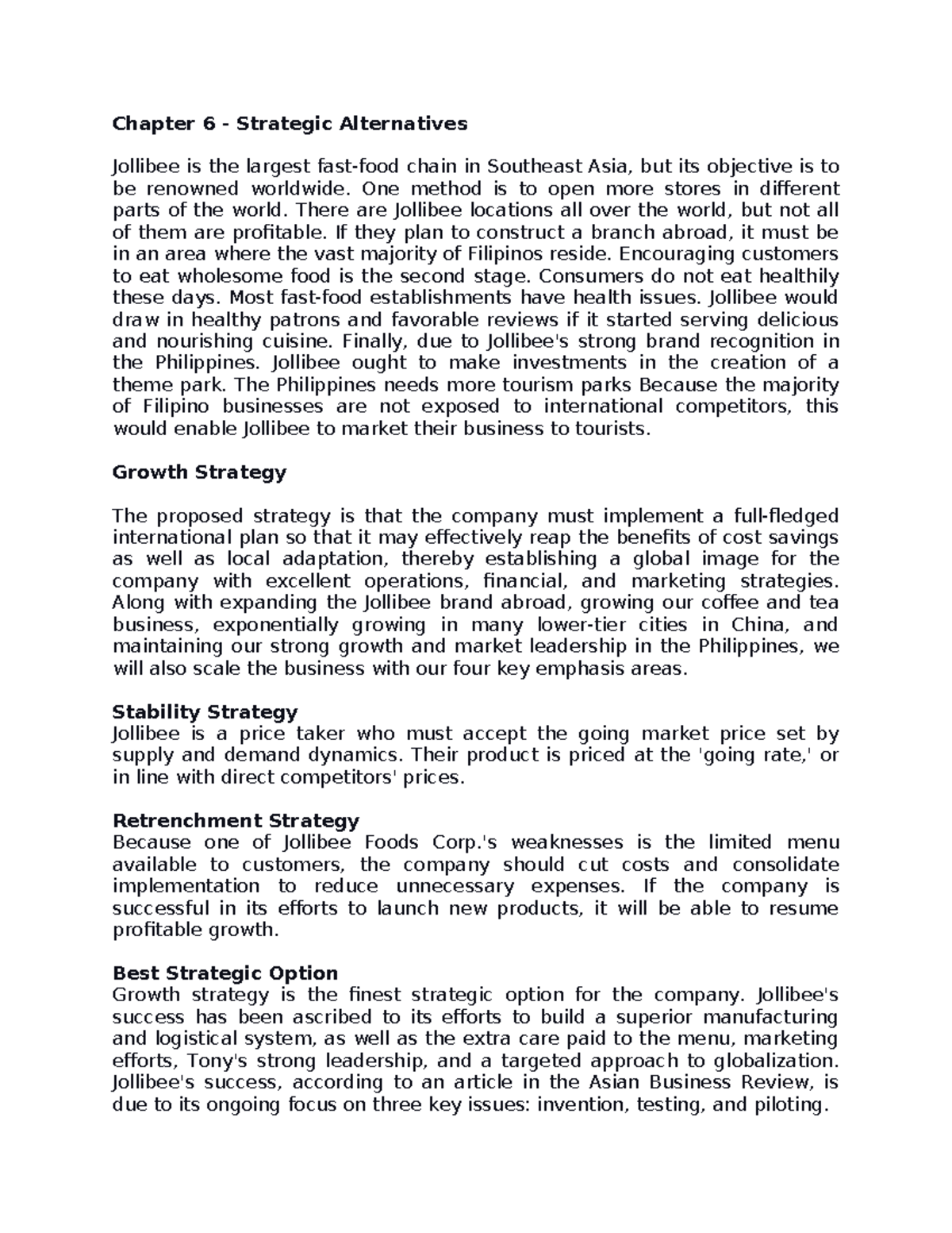 Chapt 6 XOXO - RESEARCH - Chapter 6 - Strategic Alternatives Jollibee ...