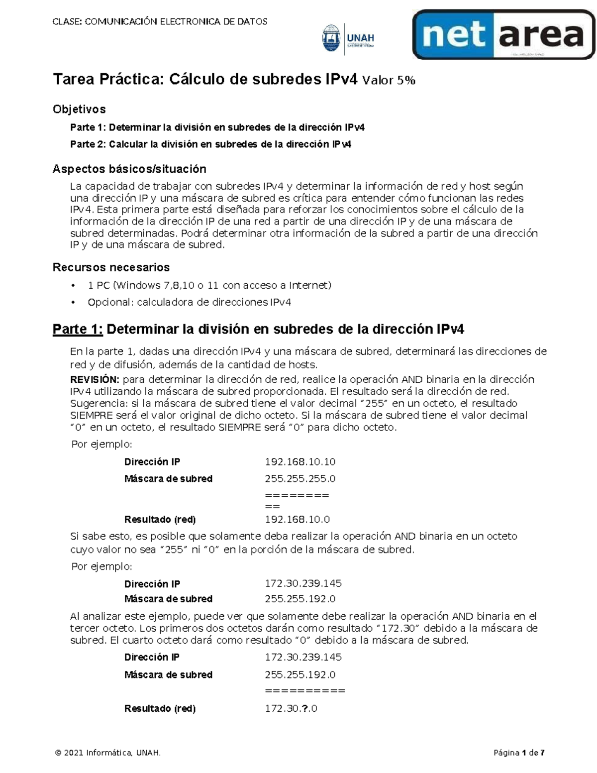 Tarea se la toda - Tarea Práctica: Cálculo de subredes IPv4 Valor 5% Objetivos Parte 1 ...