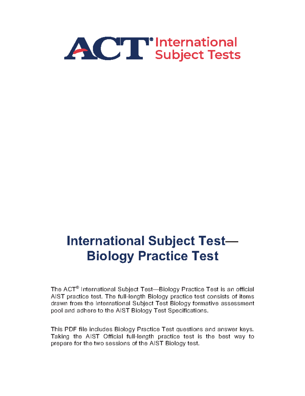 AIST Biology Practice Test - Subject Tests International International ...
