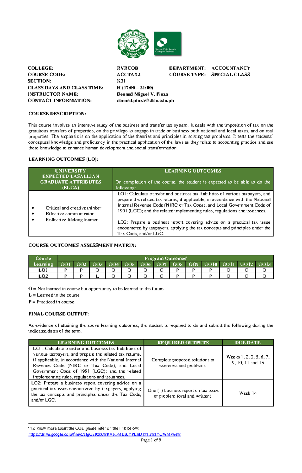 Acctax 2 - Syllabus - COLLEGE: RVRCOB DEPARTMENT: ACCOUNTANCY COURSE CODE: ACCTAX2 COURSE TYPE ...