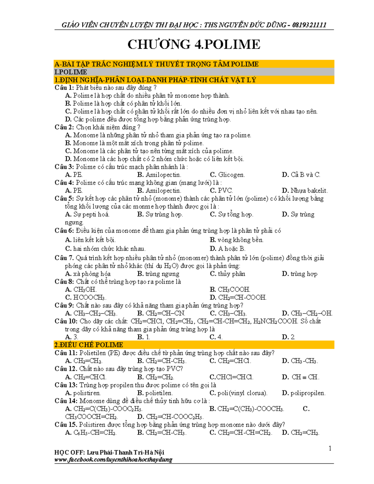 Chuyên ĐỀ. Polime(full) - HỌC OFF: Lưu Phái-Thanh Trì-Hà Nội 1 CHƯƠNG 4 ...