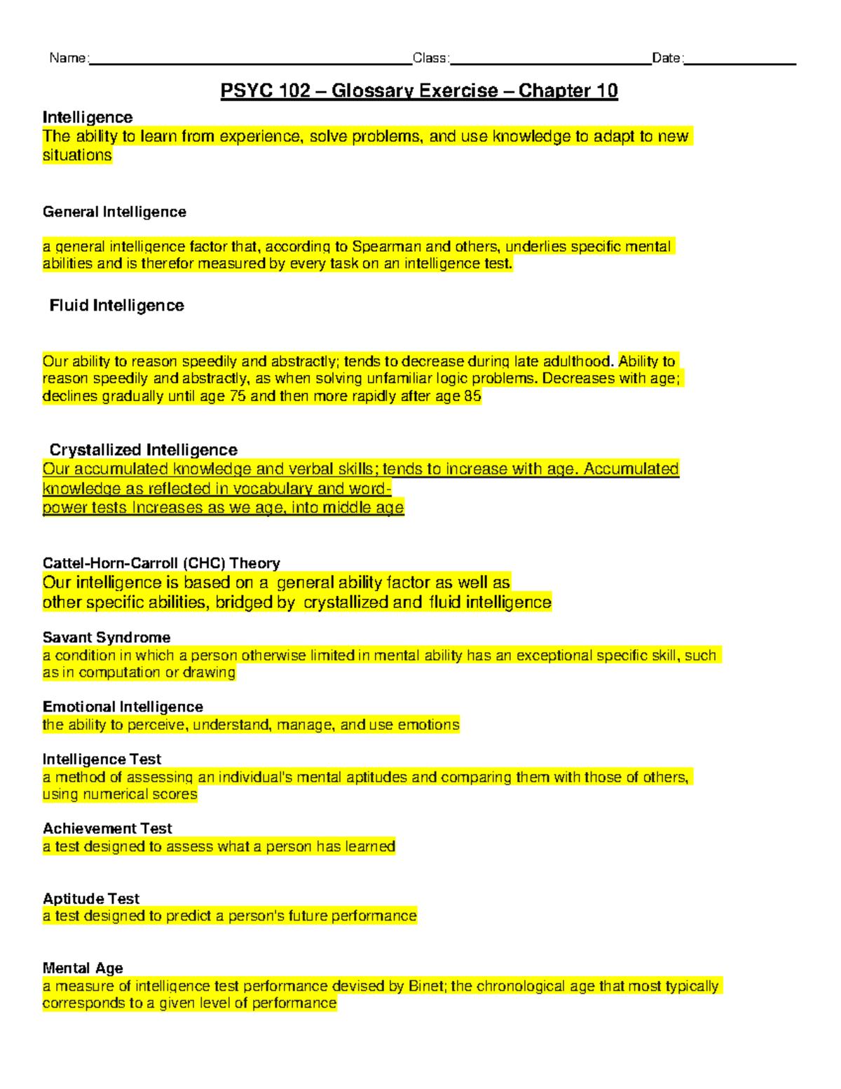 Chapter 10 psy - practice exercises - Name: Class: Date: PSYC 102 ...