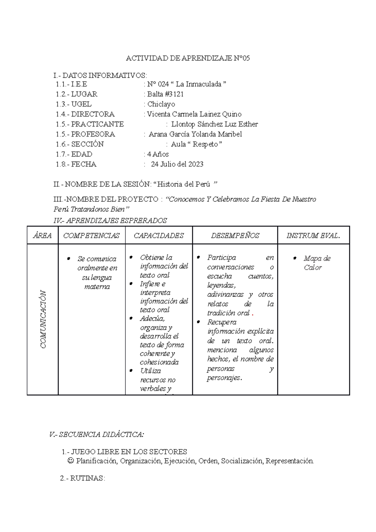 5 - oiww - ACTIVIDAD DE APRENDIZAJE N° I.- DATOS INFORMATIVOS: 1.- I.E : N° 024 “ La Inmaculada ...