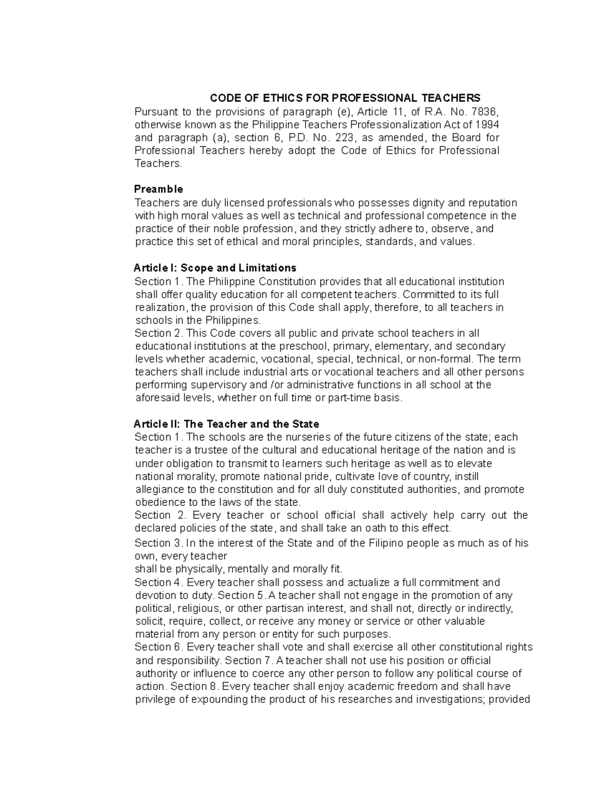 Code of Ethics for Professional Teachers - CODE OF ETHICS FOR ...