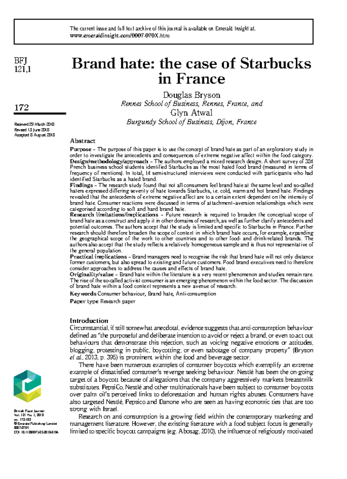 Brand hate - the case of Starbucks in France (Bryson, D. Atwal, G ...