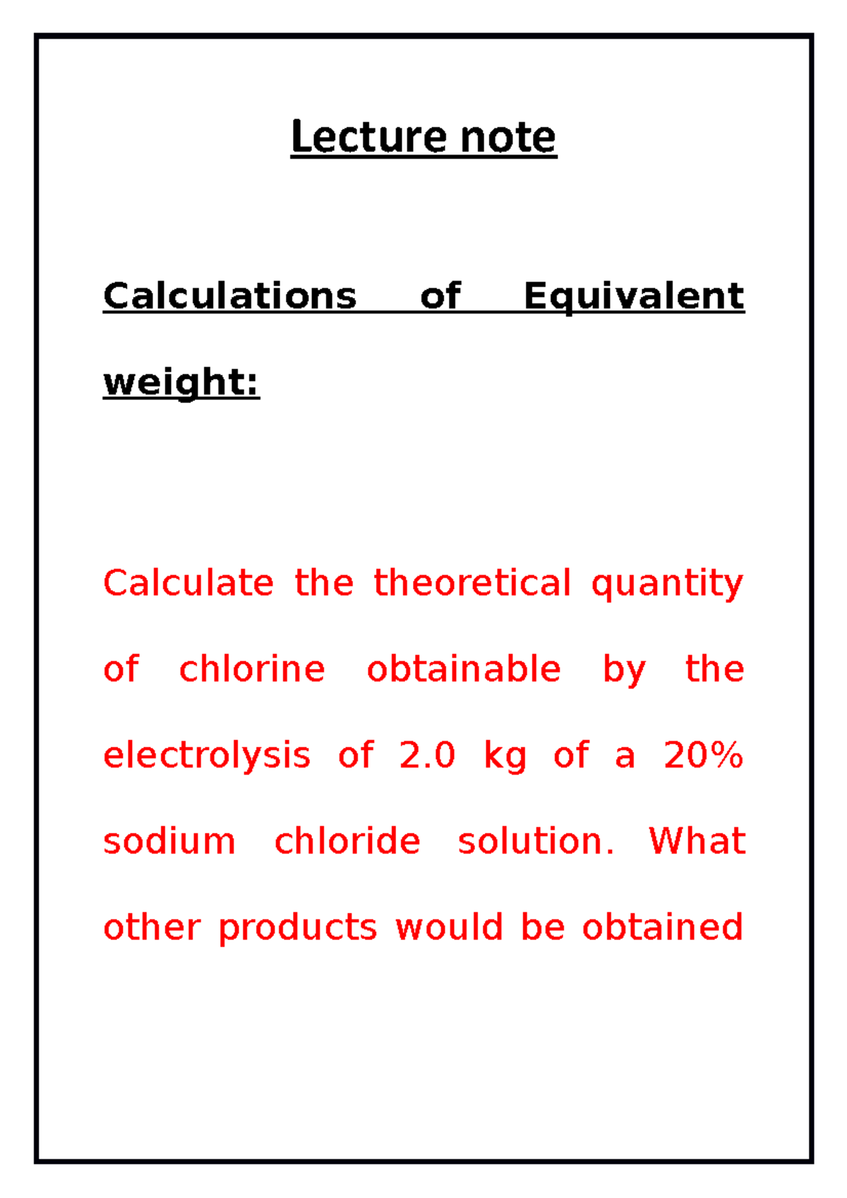 Lecture note on Calculations of Equivalent weight - Lecture note ...