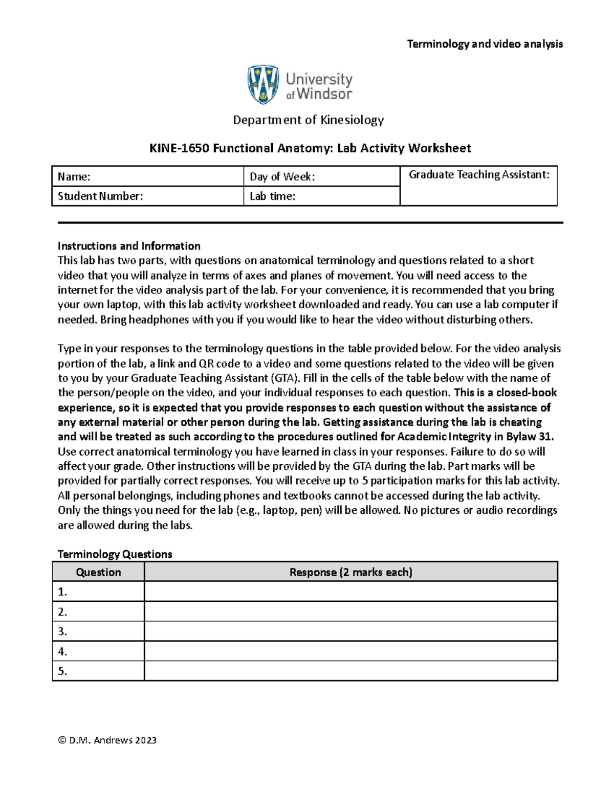 KINE-1650 lab activity worksheet terminology and video analysis 2023 ...
