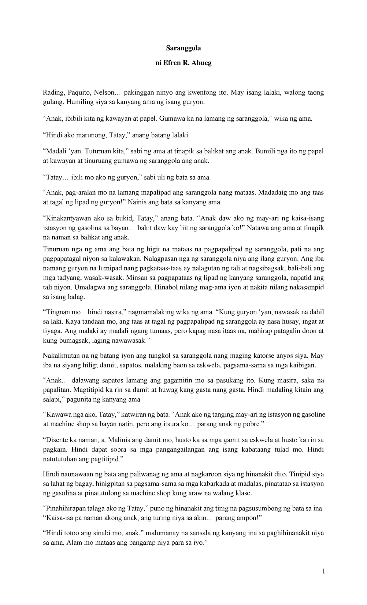 Saranggola 1 - Saranggola ni Efren R. Abueg Rading, Paquito, Nelson ...