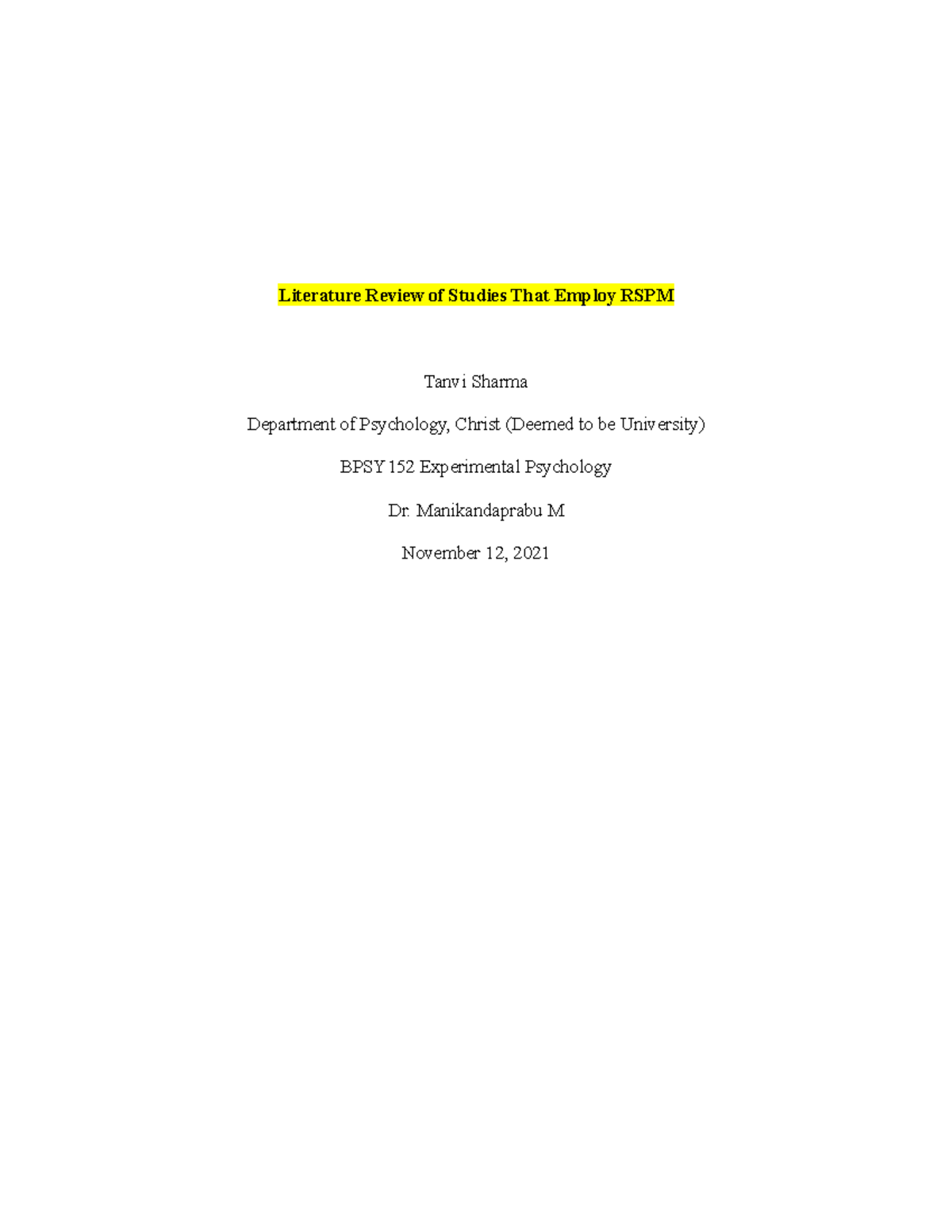 Literature Review of RSPM Studies - Experimental Psychology - Christ ...