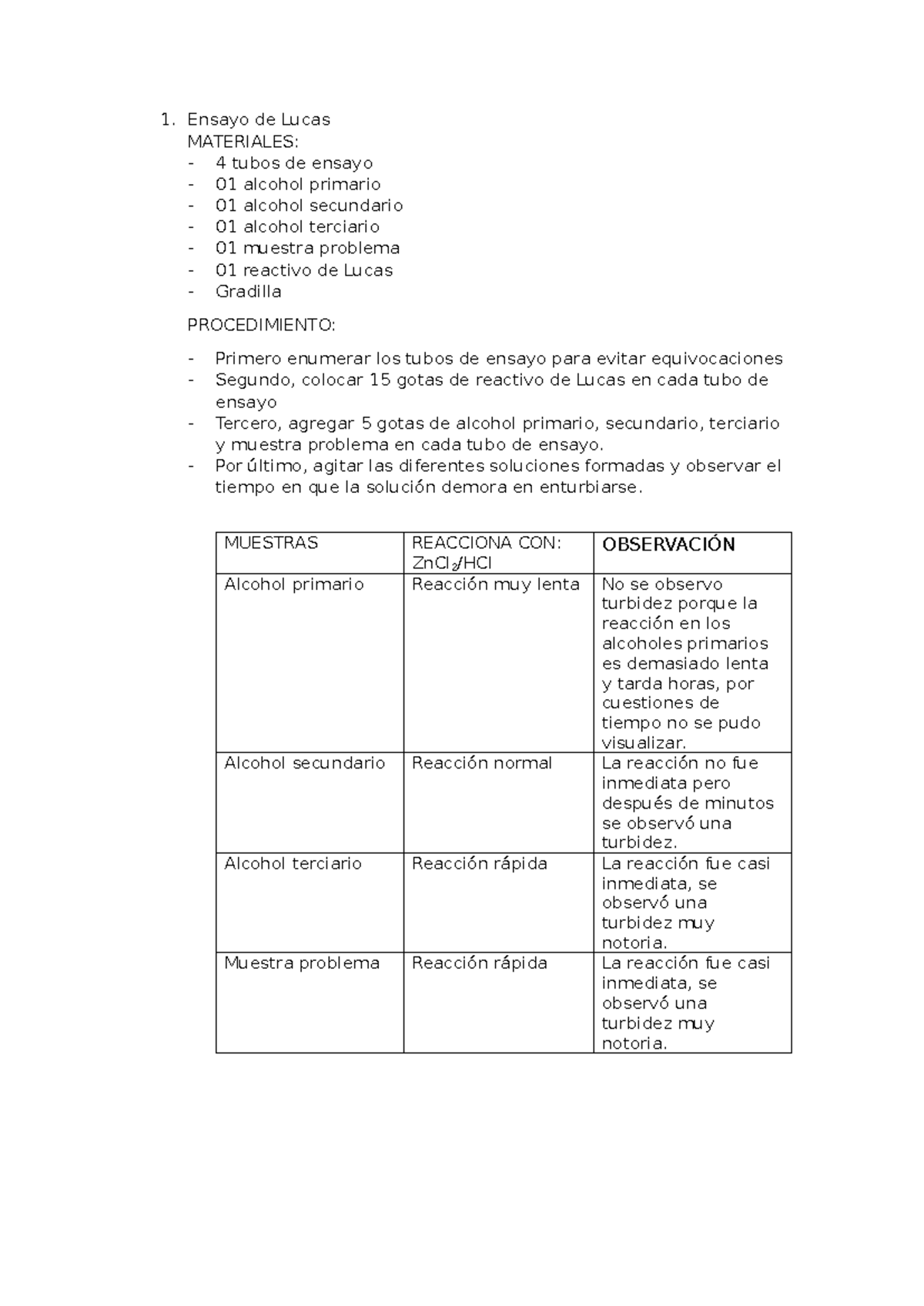 Ensayo de Lucas - Ensayo de Lucas MATERIALES: 4 tubos de ensayo 01 ...