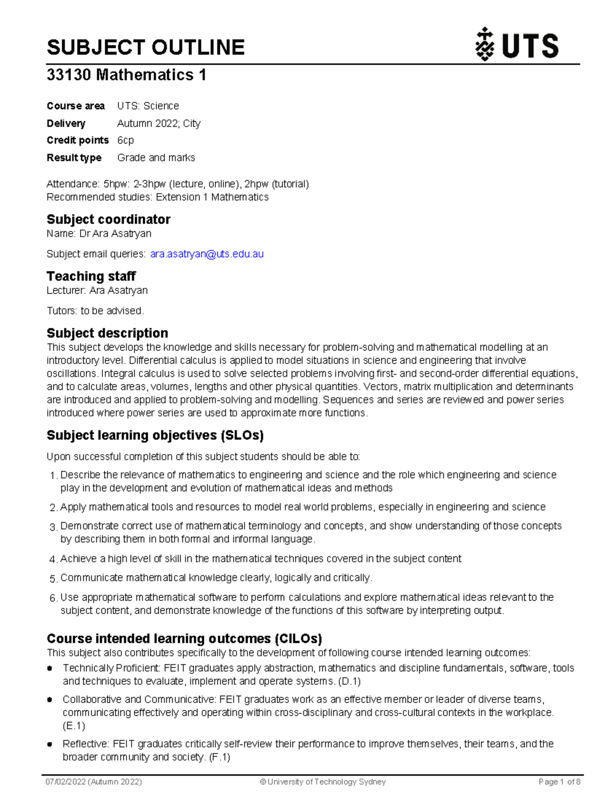 PDFs-3 - Subject Outline - SUBJECT OUTLINE 33130 Mathematics 1 ...