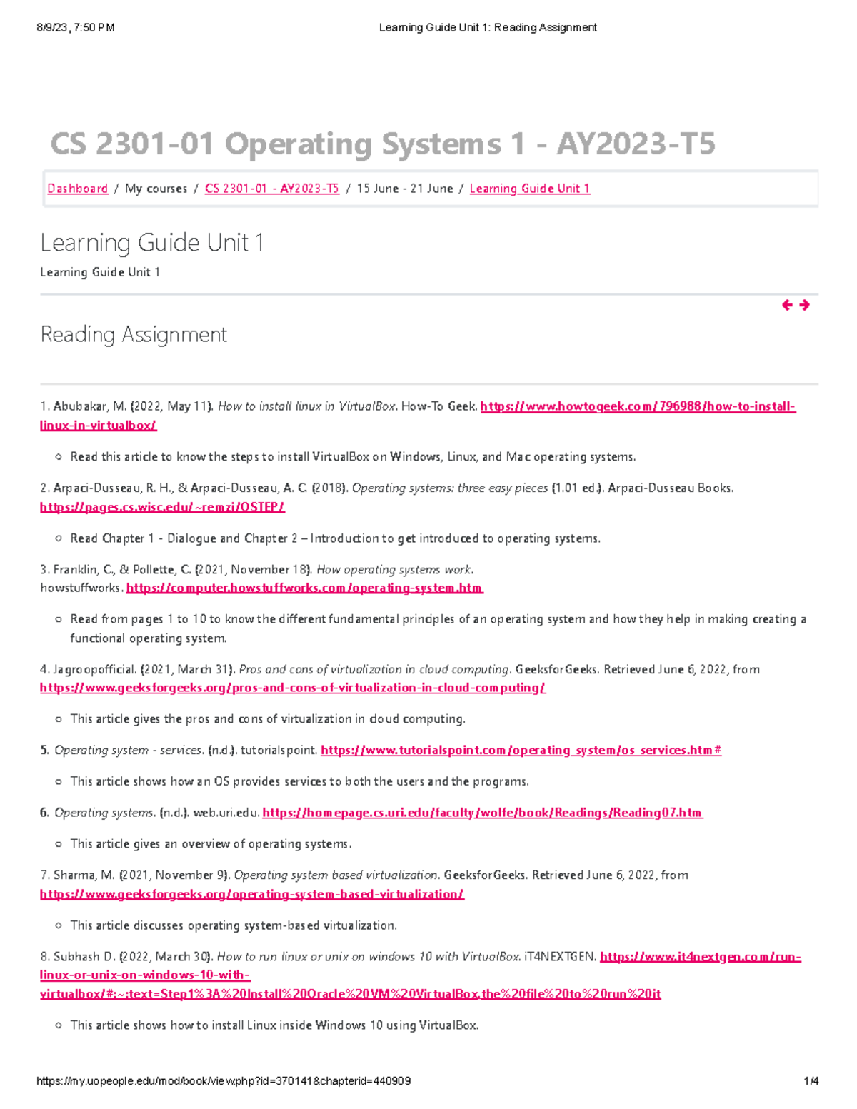 Learning Guide Unit 1 Reading Assignment Cs 2301 01 Operating Systems 1 Ay2023 T Learning