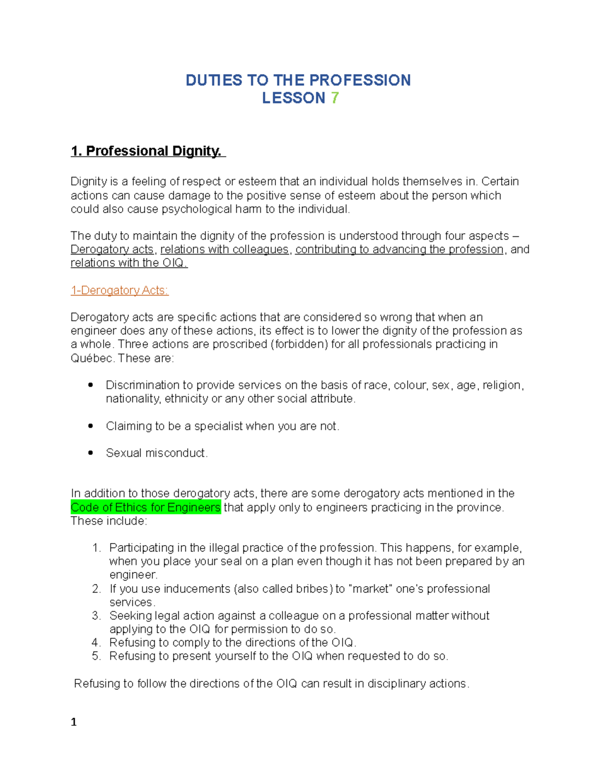 Lesson 7- Duties TO THE Profession (Complete) - ENGR 201 - Concordia - Studocu