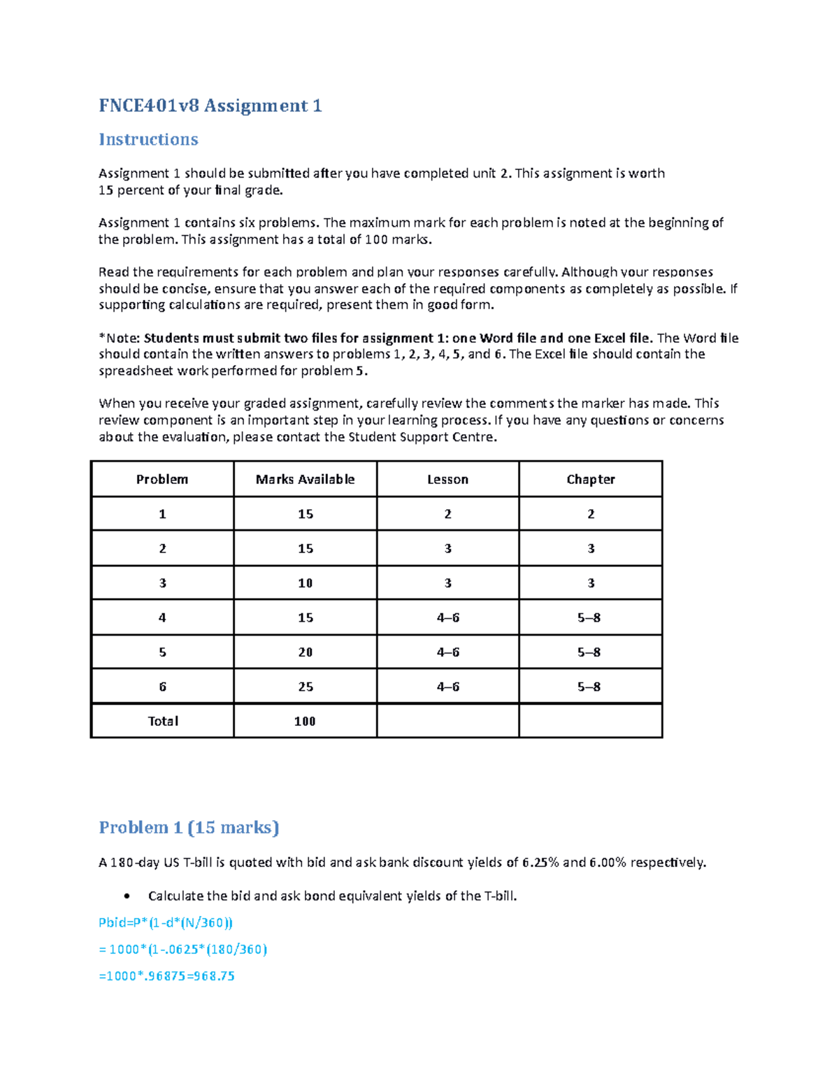 FNCE401v8 Assignment 1 Ryan WP 1 - FNCE401v8 Assignment 1 Instructions Assignment 1 should be ...
