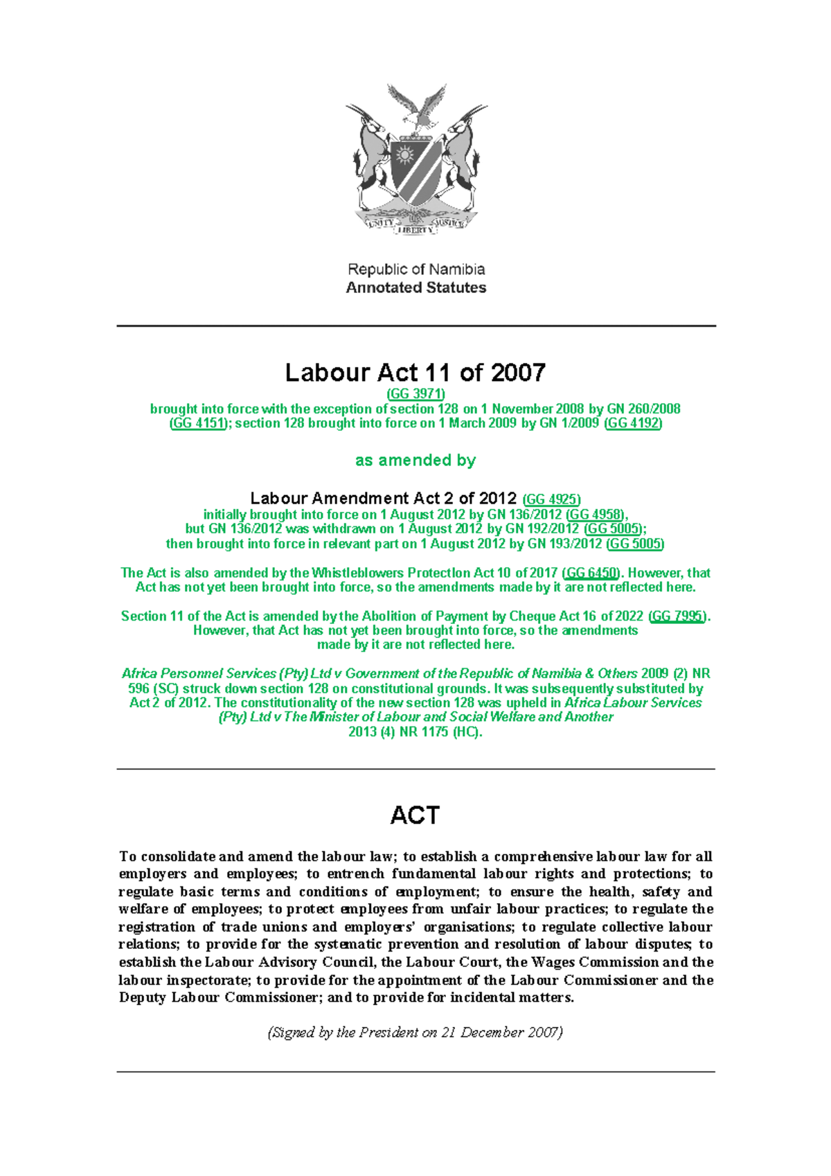 Labour Act 11 of 2007 - Labour Act 11 of 2007 Schedule: Transitional ...