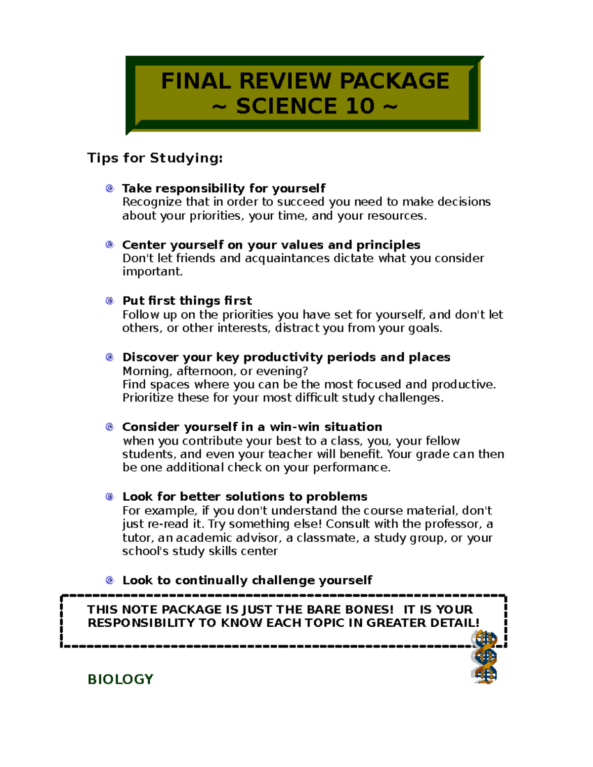 Final Review Package Notes - Tips for Studying: Take responsibility for ...
