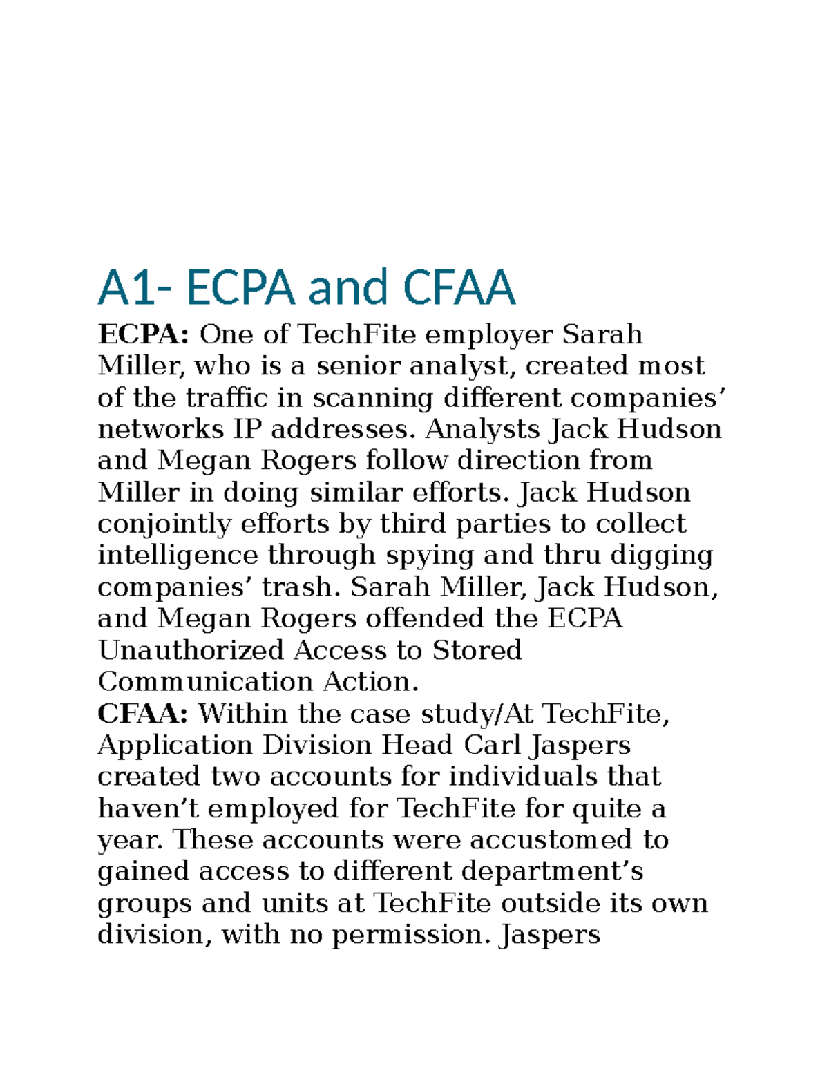 C841 Task 1 - task 1 - Sevinc Yesil 010511759 A1- ECPA and CFAA ECPA ...