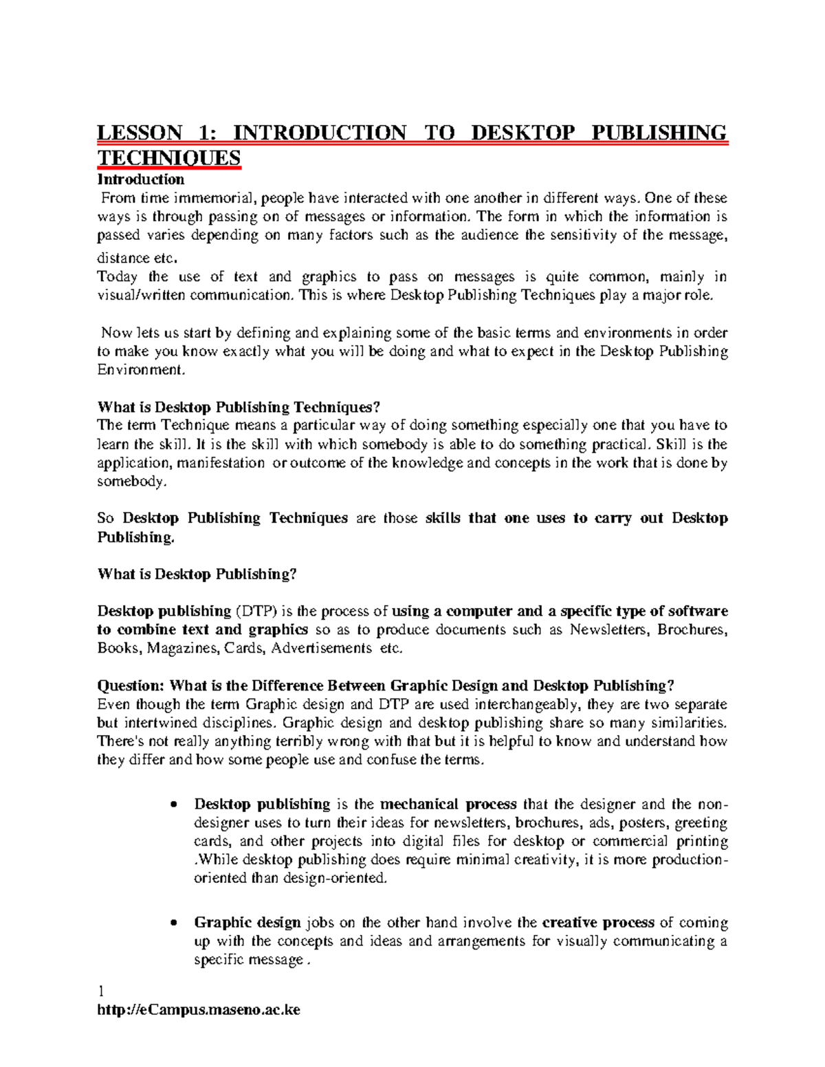 Lesson ONE Introduction TO Desktop Publishing Techniques - 1 eCampus ...