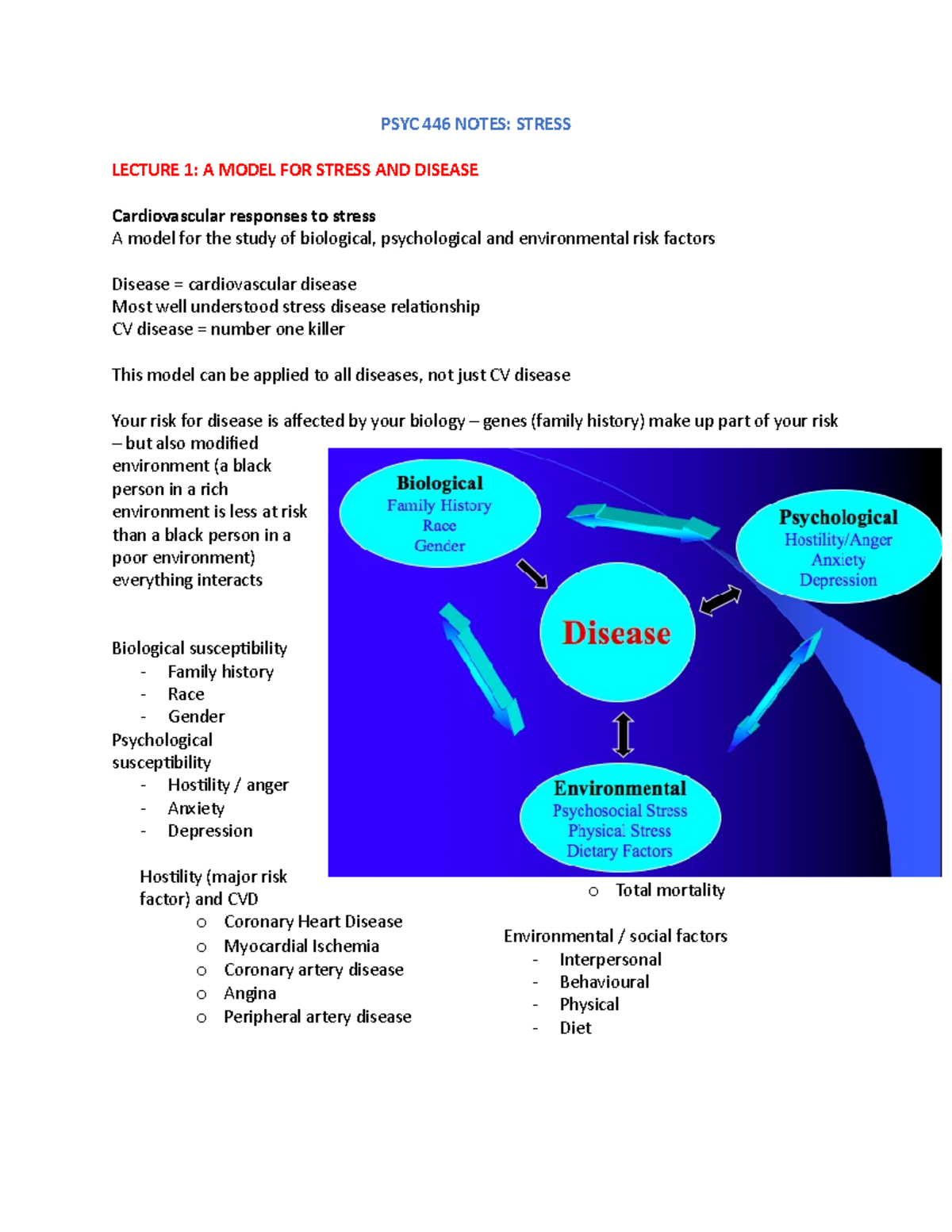 PSYC 446 Notes - PSYC 446 NOTES: STRESS LECTURE 1: A MODEL FOR STRESS ...