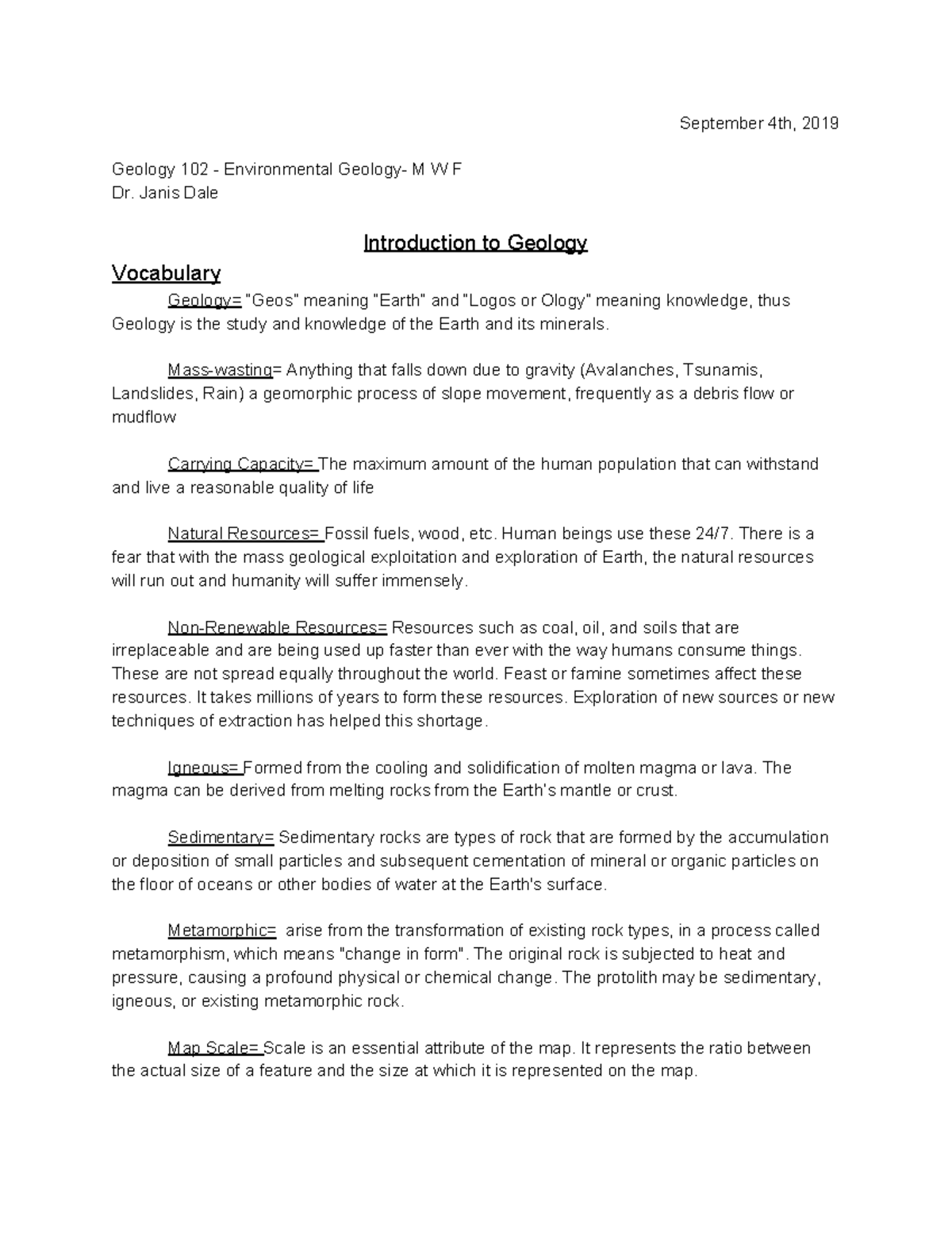Geology 102 - Lecture notes 1-Last - September 4th, 2019 Geology 102 ...