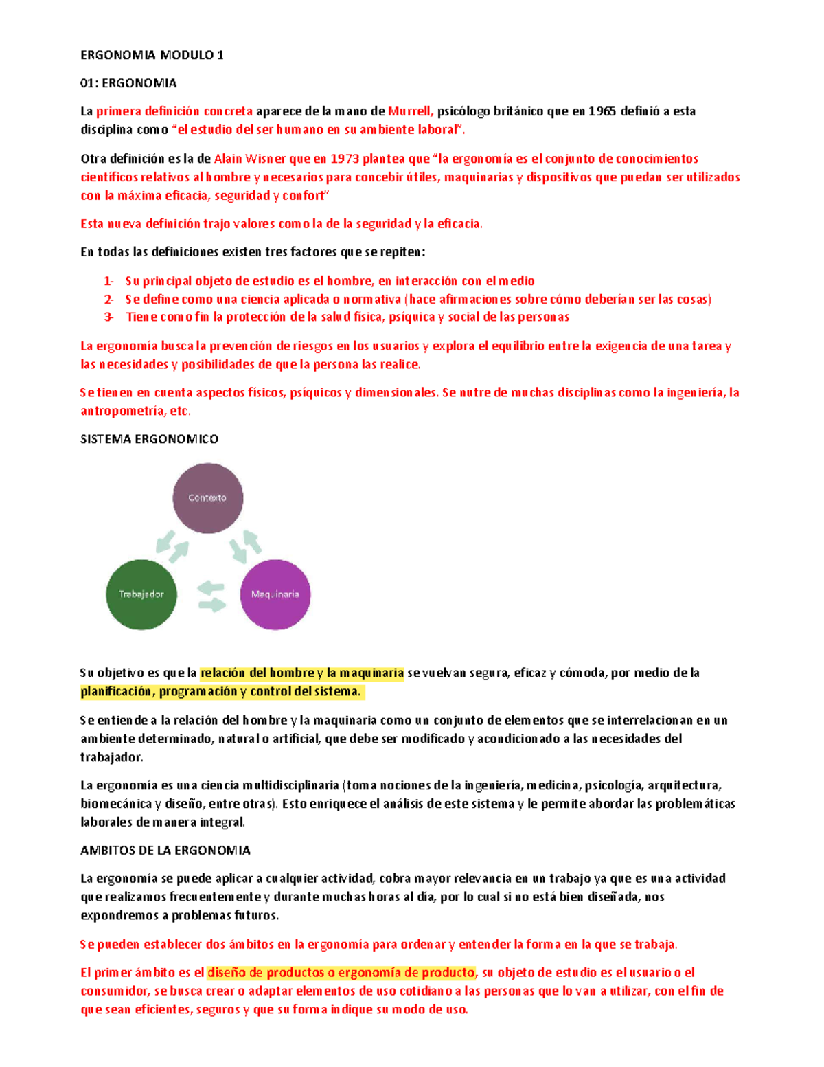 Resumen ergo m1 - ERGONOMIA MODULO 1 01: ERGONOMIA La primera definición concreta aparece de la ...