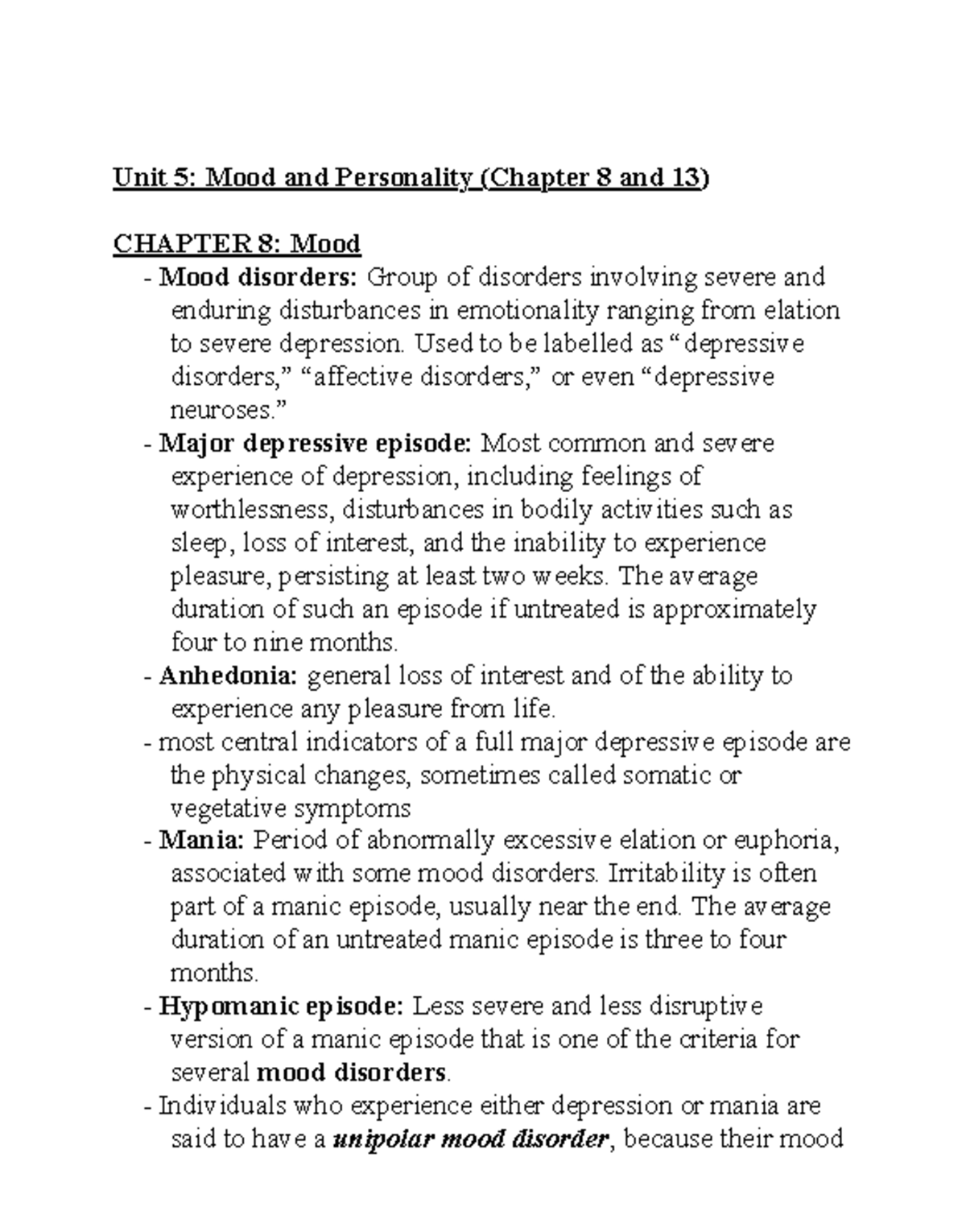 PSYC 2020 Notes UNIT 5-8.docx - Recovered - Unit 5: Mood and ...