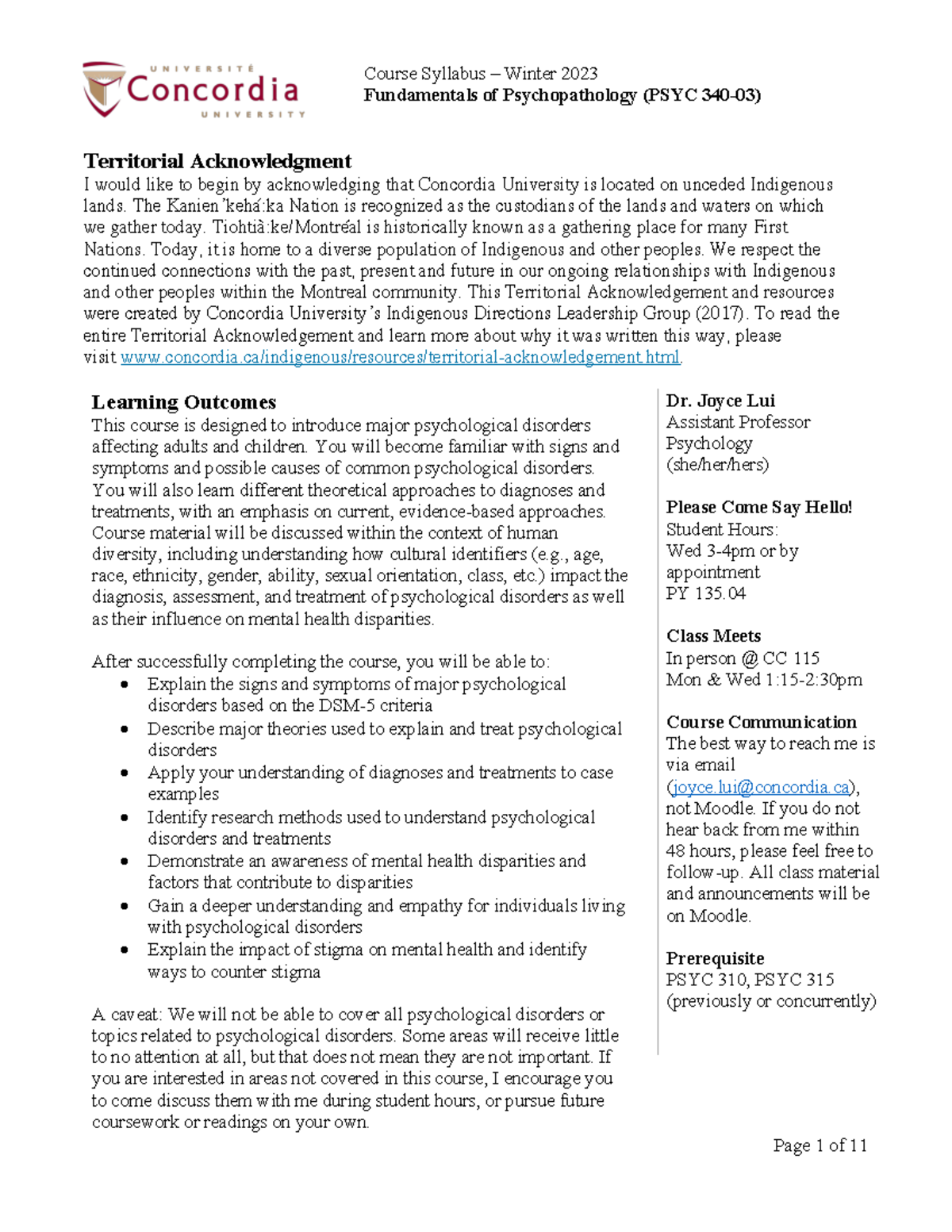 Psyc 340 Syllabus Winter 2023 - Fundamentals of Psychopathology (PSYC ...