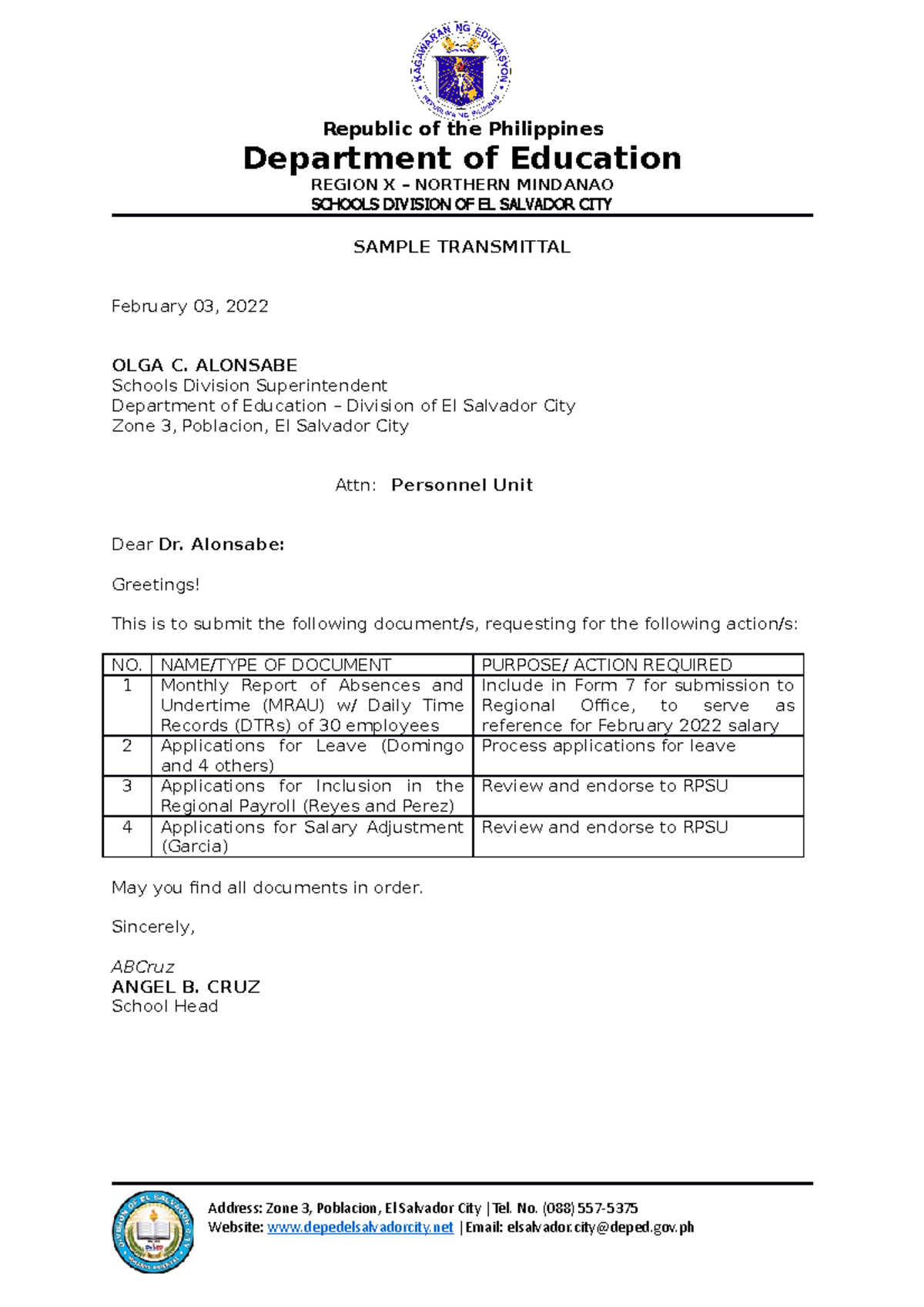 Sample-Transmittal - lecture notes - Republic of the Philippines ...